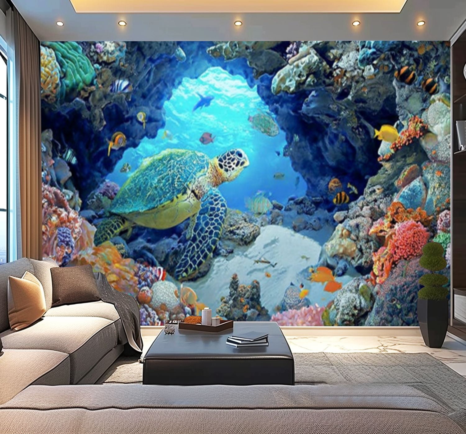 Peel and Stick Wallpaper Sea Turtle Swimming Colorful Coral Reef ...