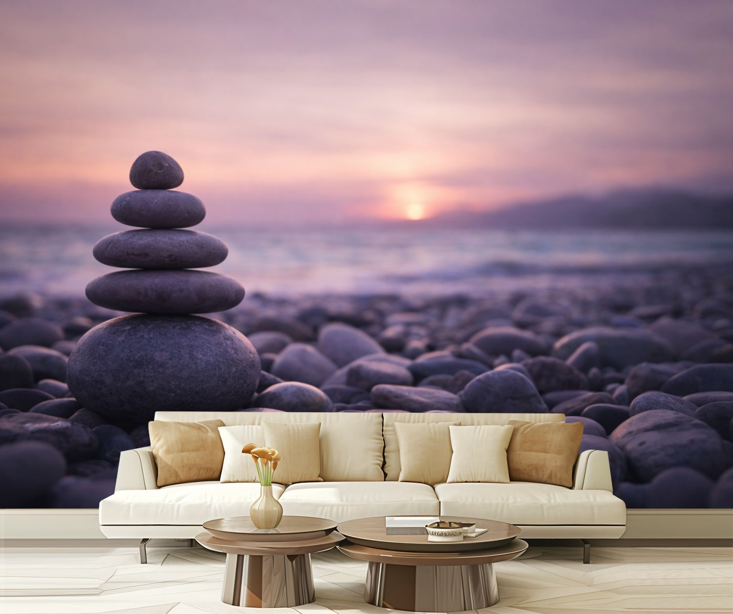 Peel and Stick Wallpaper Waterproof Stacked Stones Pebble Beach Sunset ...