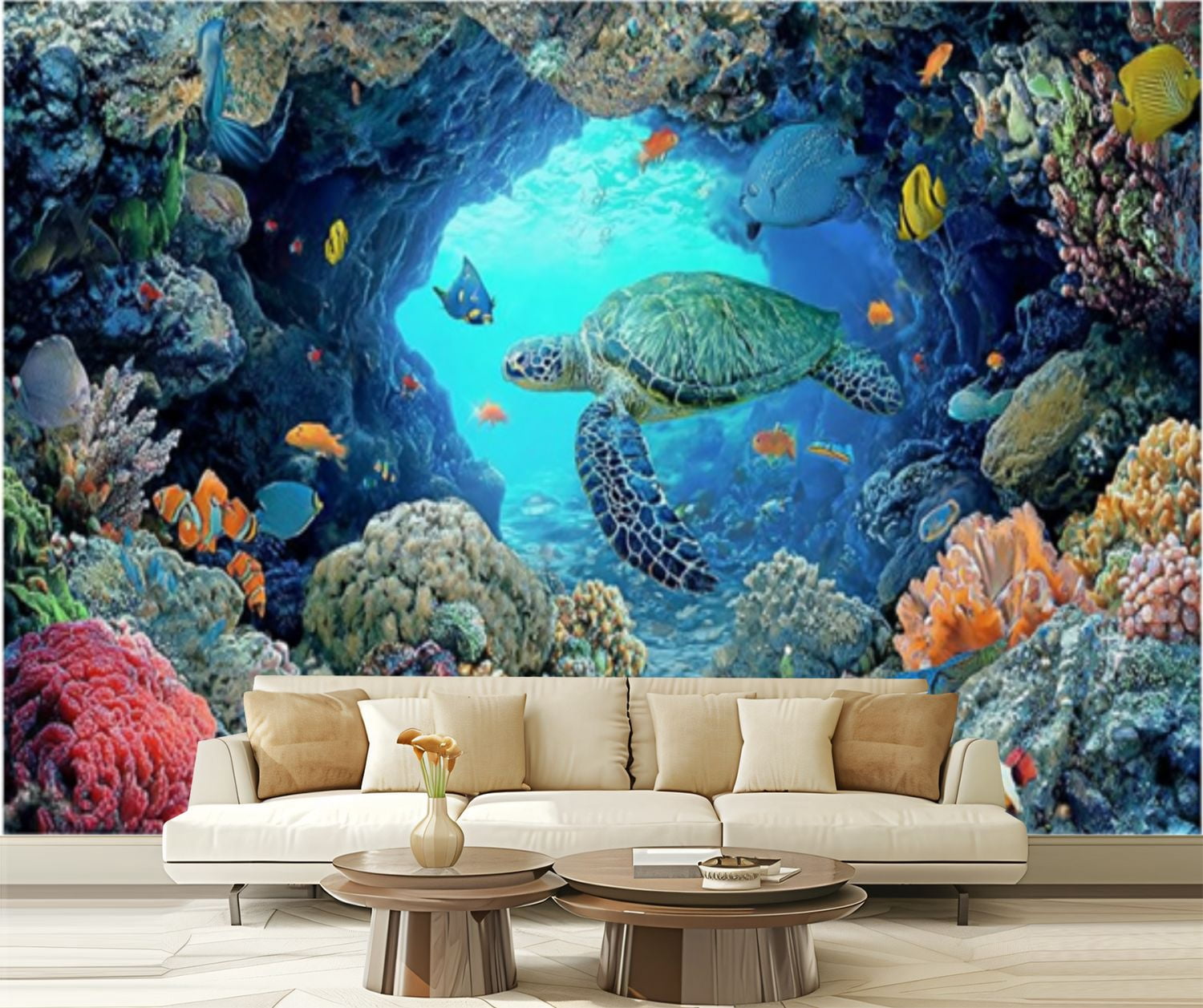 Peel and Stick Wallpaper Underwater Coral Reef Sea Turtle Colorful Fish ...