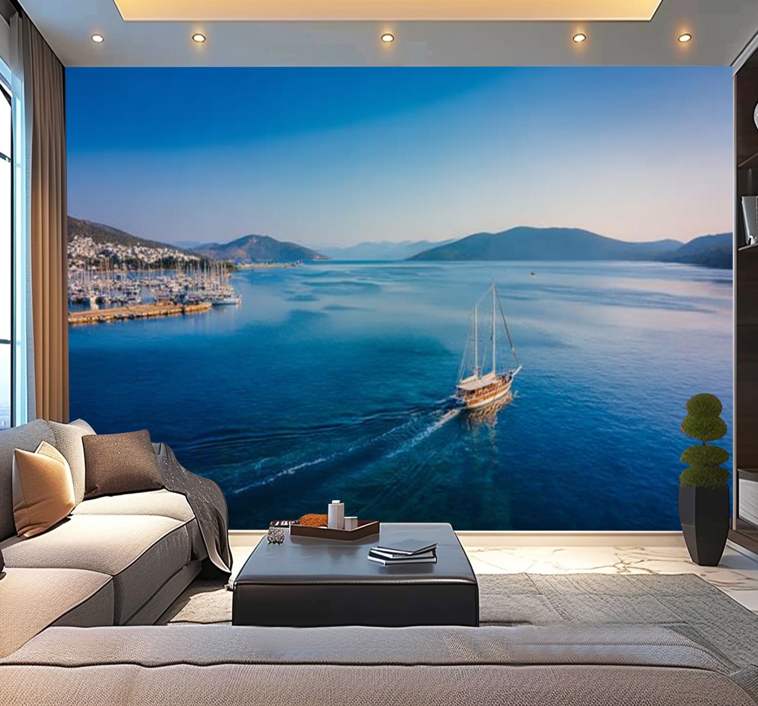 Peel and Stick Wallpaper Waterproof Aerial view white yacht crossing ...