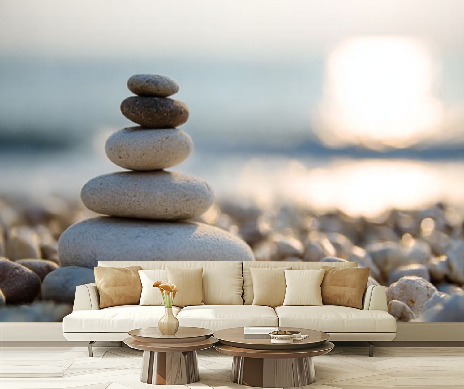 Peel and Stick Wallpaper Waterproof Balanced stones pebble beach sunset ...