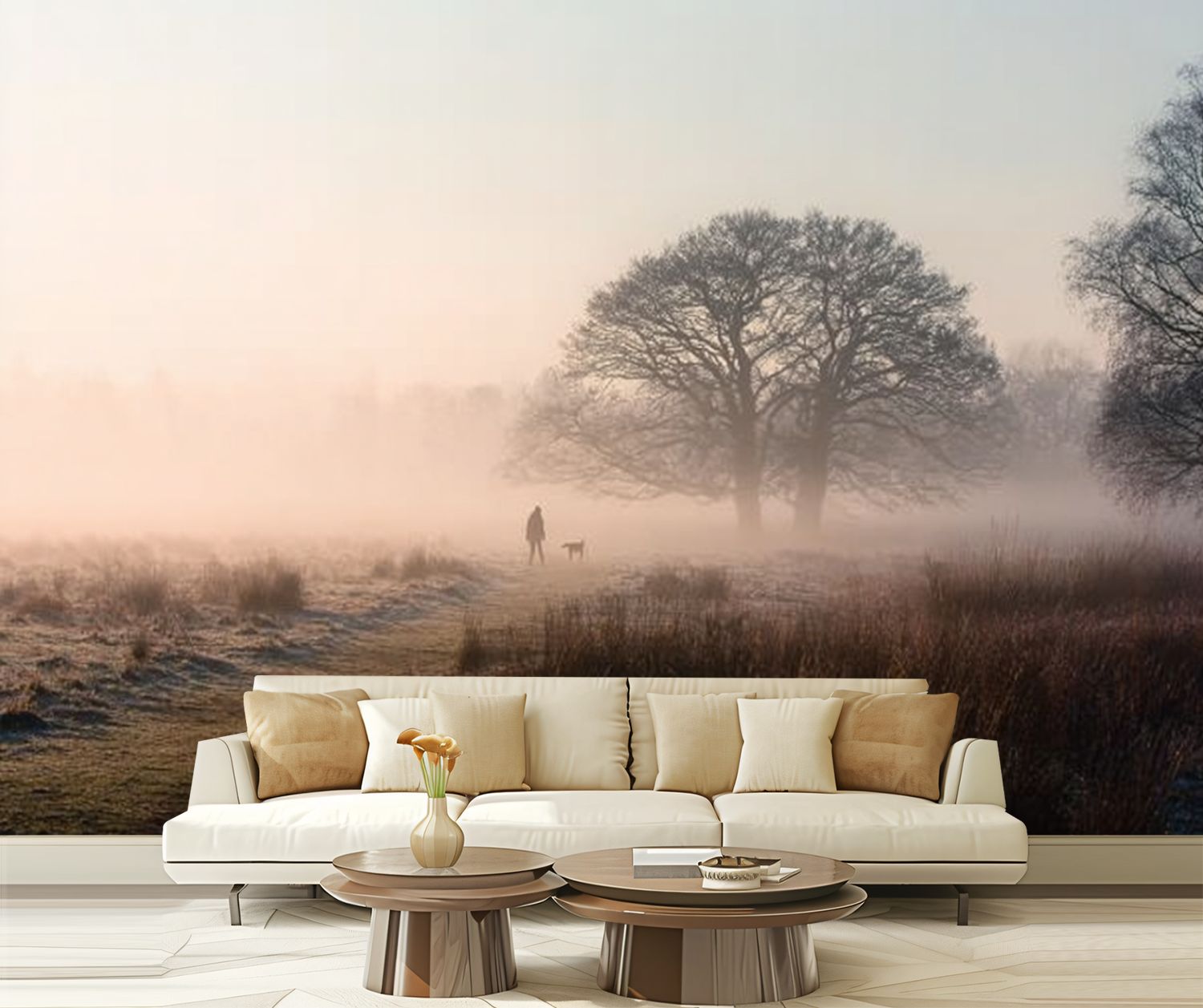 Peel and Stick Wallpaper Waterproof Dog walking park misty morning Wall ...