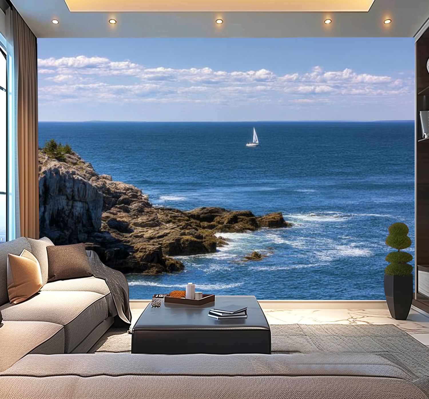 Peel and Stick Wallpaper Waterproof Landscape Rocks Way Sailboat ...