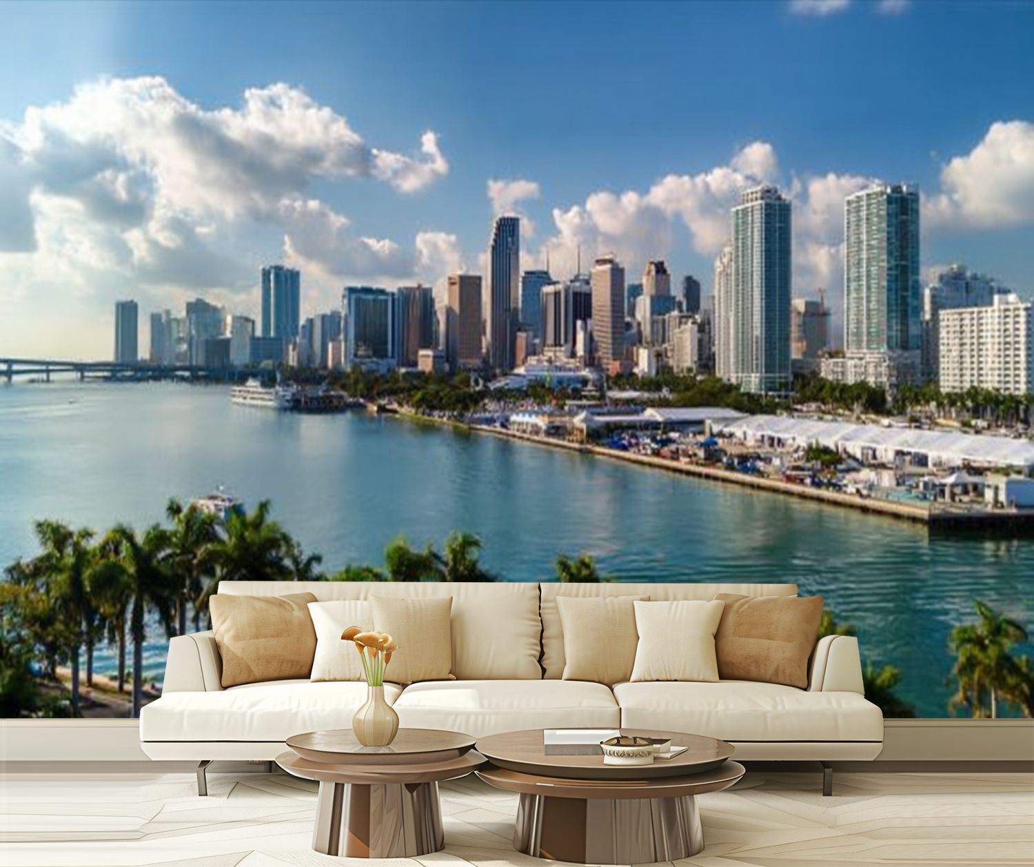 Peel and Stick Wallpaper Waterproof Miami Downtown Skyline Palm Trees ...