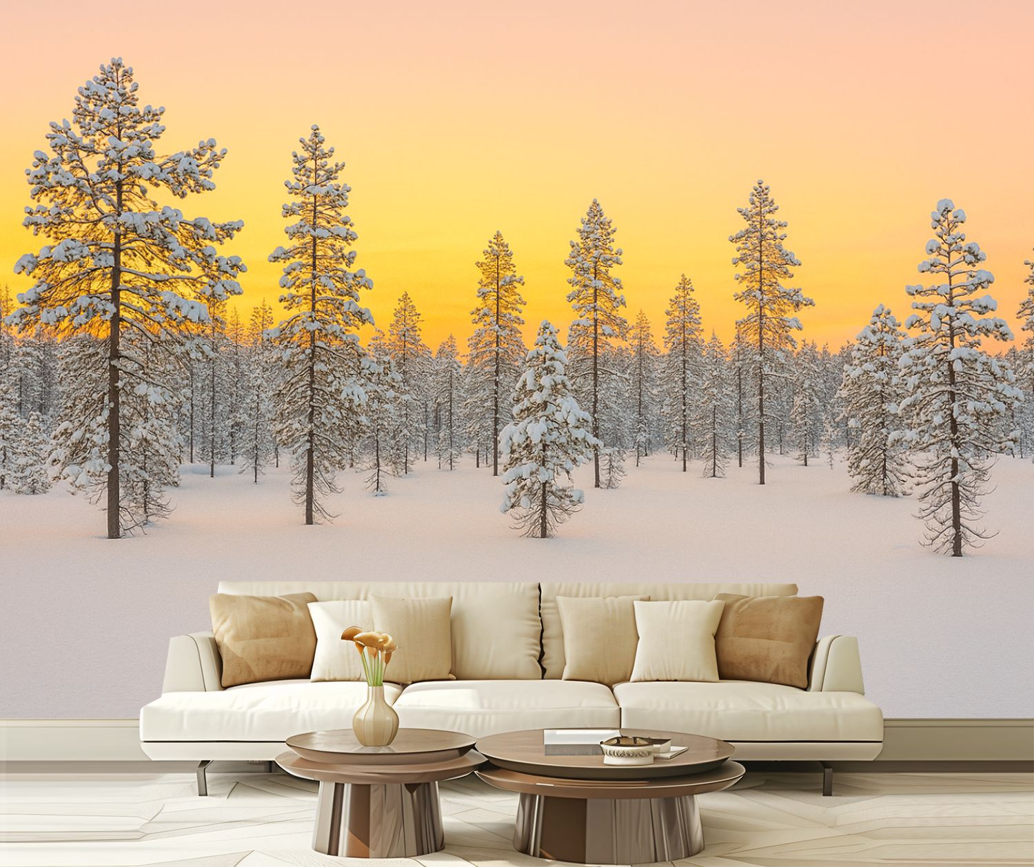 Peel and Stick Wallpaper Waterproof Sunset winter forest trees snow ...