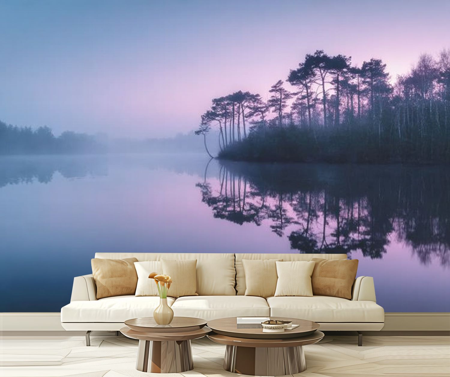 Peel and Stick Wallpaper Waterproof misty sunrise lake blue hour ...
