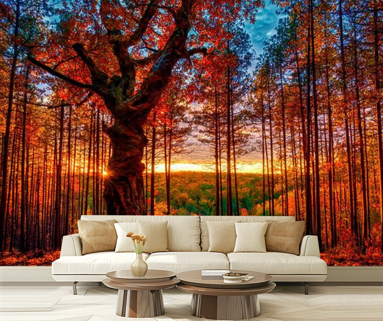 Peel and Stick Wallpaper Waterproof sun goes down behind autumn forest ...