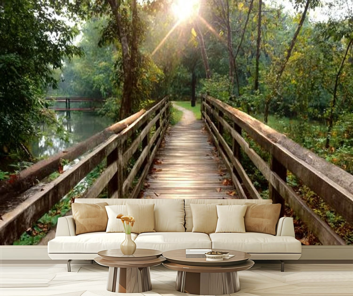 Peel and Stick Wallpaper Wooden bridge middle forest Modern Art Wall ...