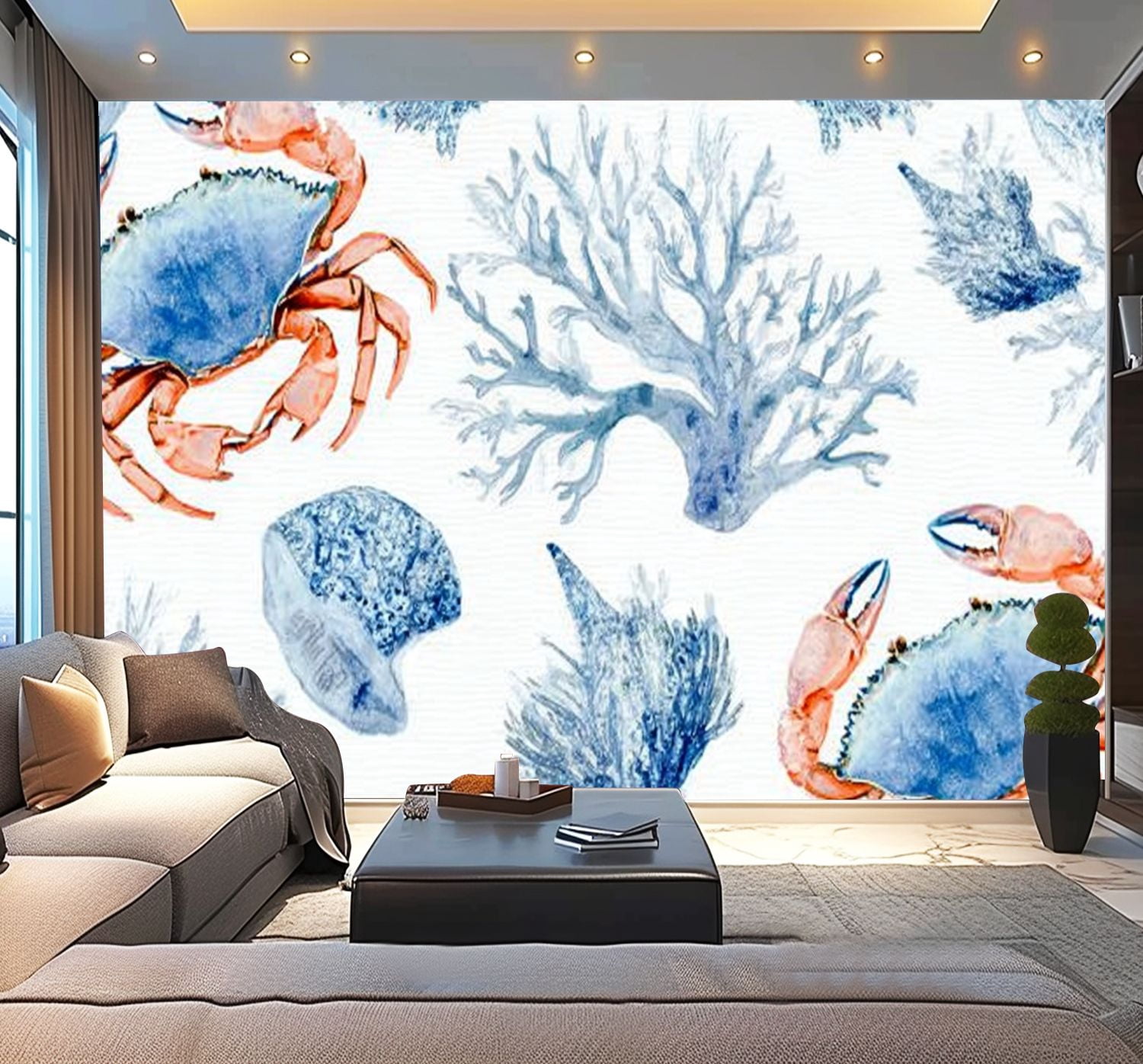 Peel and Stick Wallpaper sea blue crabs corals watercolor hand nautical ...