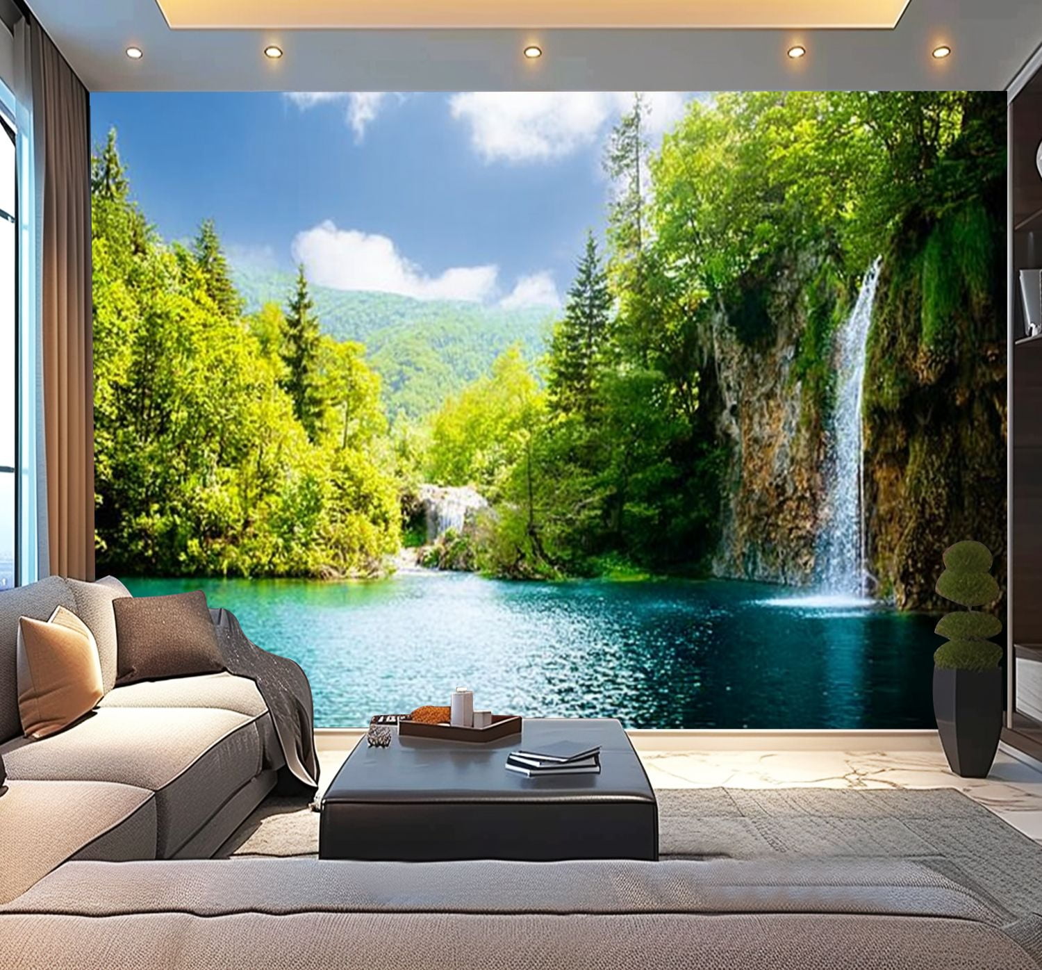 Peel and Stick Wallpaper waterfall deep forest Modern Art Wall Mural ...