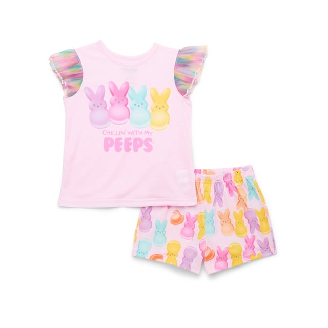 Peeps Girls Cotton Ruffle Sleeve Top and Shorts Pajama Set, Sizes 4-12 ...