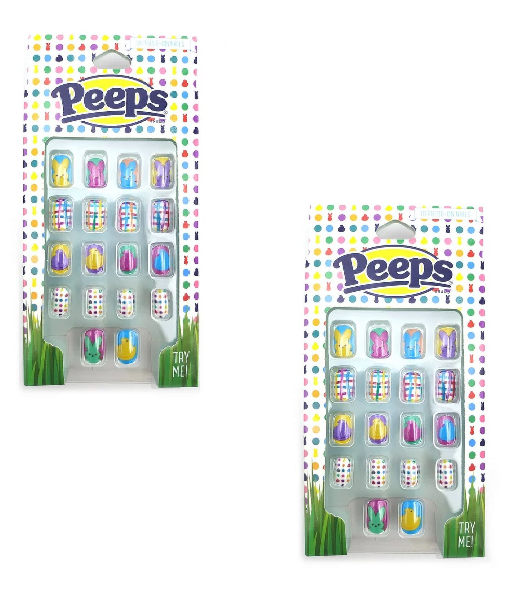 Peeps Press on Nails, 18pc, Peeps Bunnies and Chicks, Plaid, and Dots ...