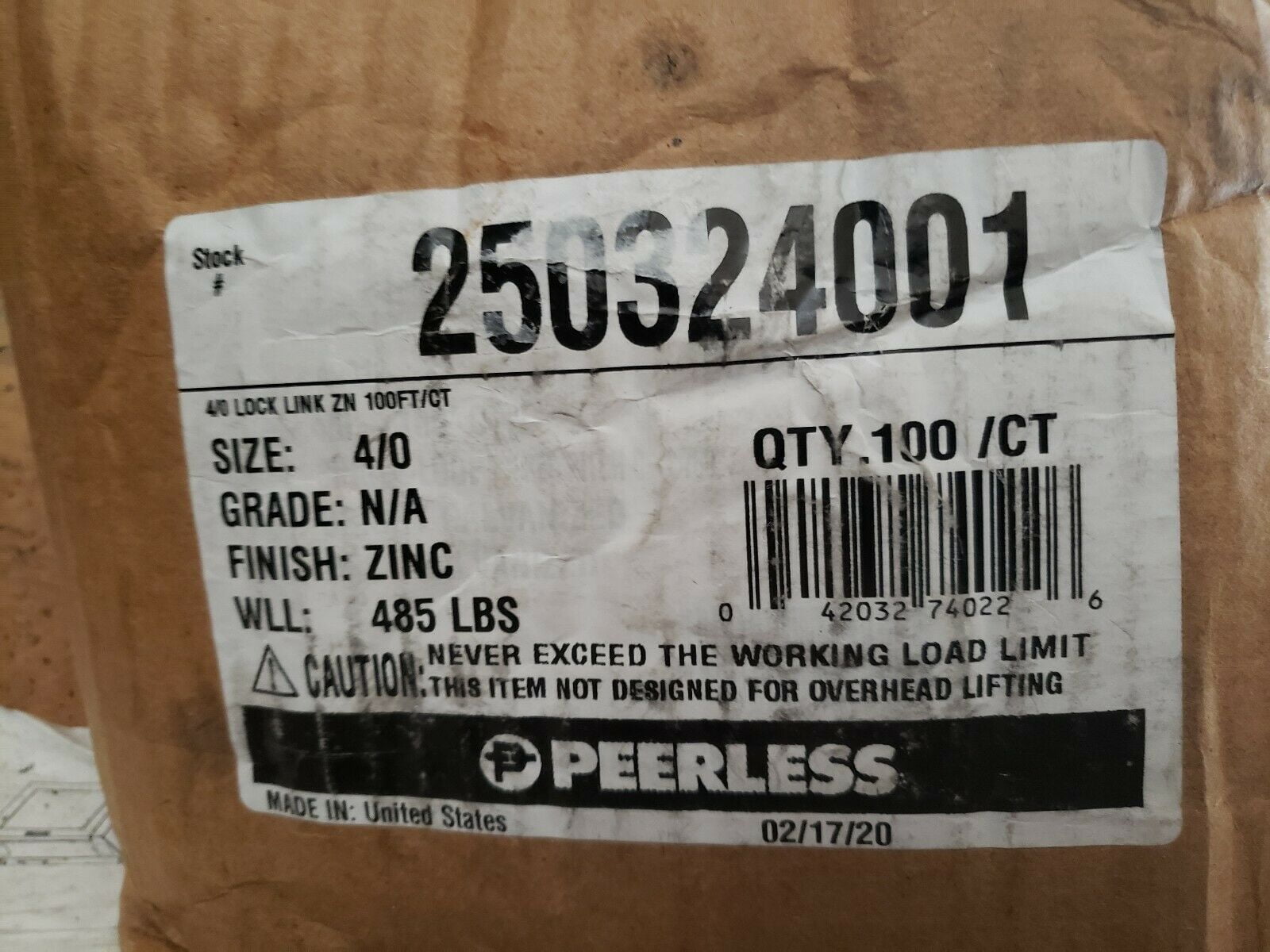 Peerless Chain Lock Link Chain,Crbn Steel,100'L,485 lb 250324001 ...