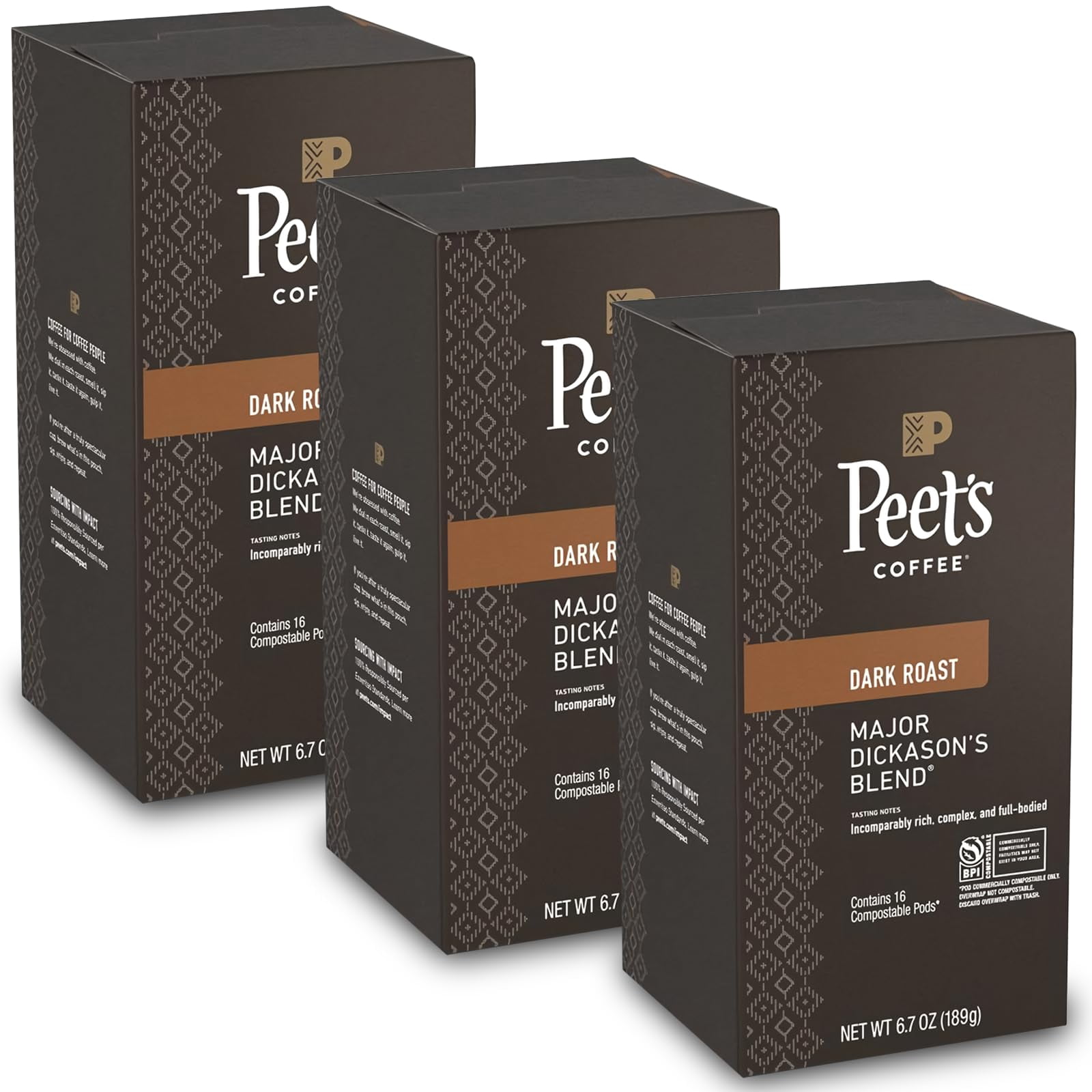 Peet’s Major Dickason’s Coffee Pods – 48 Count (3 Packs of 16) – Dark Roast with Bold, Rich ...