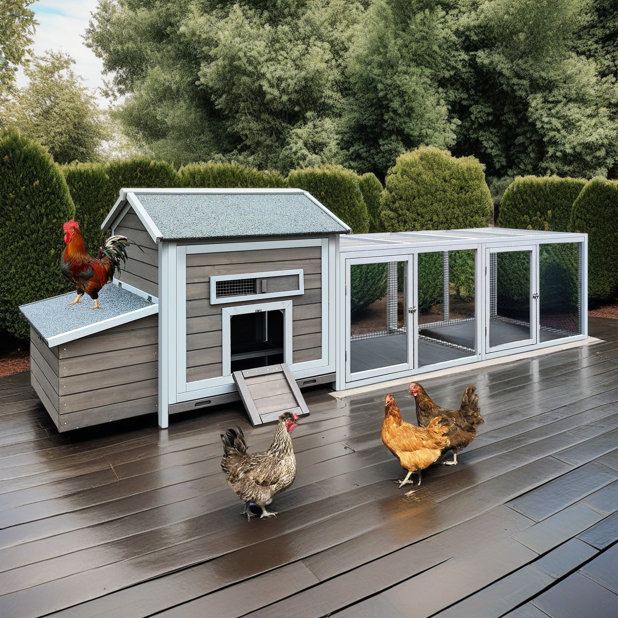 Pefilos 118" Wooden Chicken Coop with Free-range Doors, Leakproof Pull-on Tray and Chicken ...