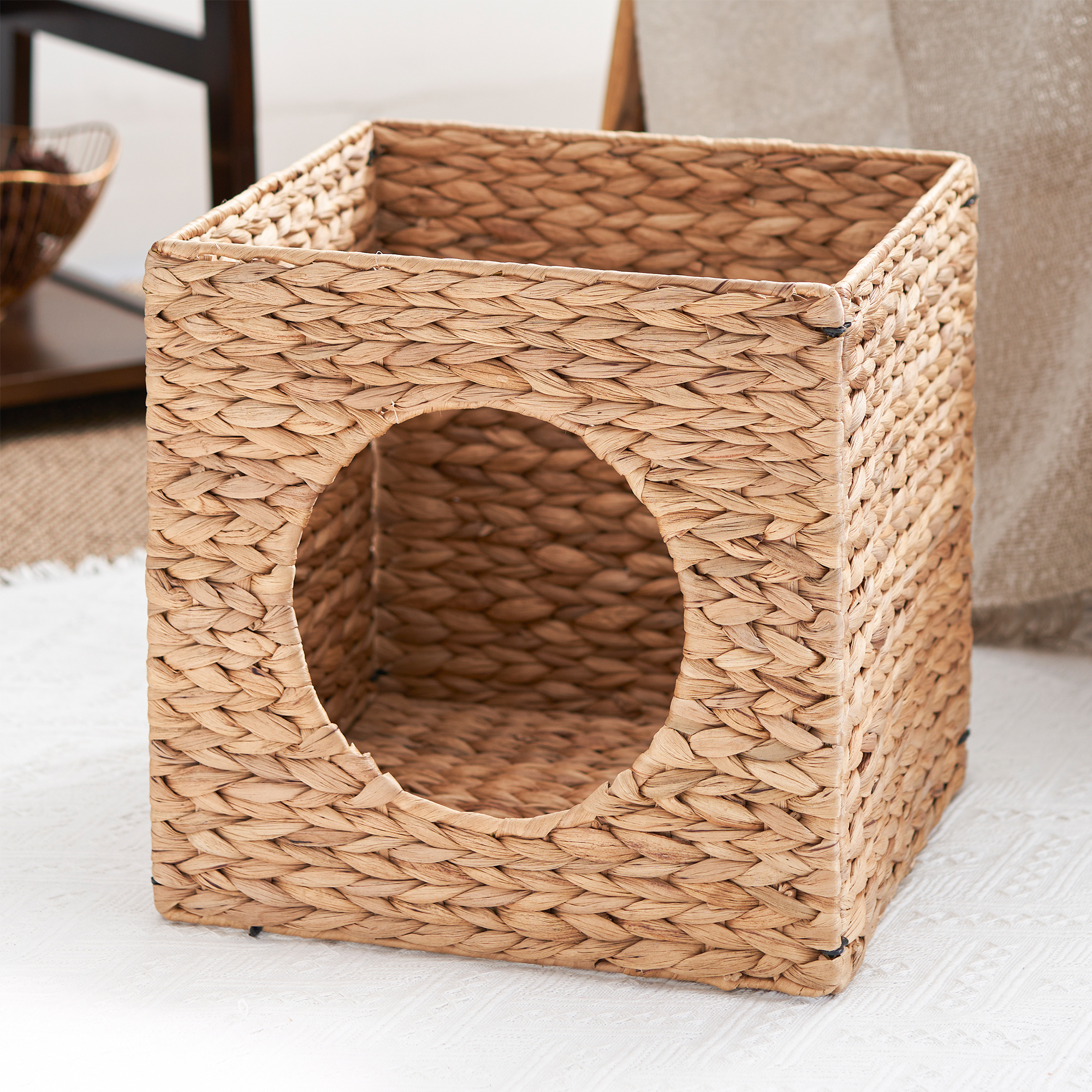 Pefilos 13" Water Hyacinth Woven Wicker Cat Bed Cave, Kitten House ...