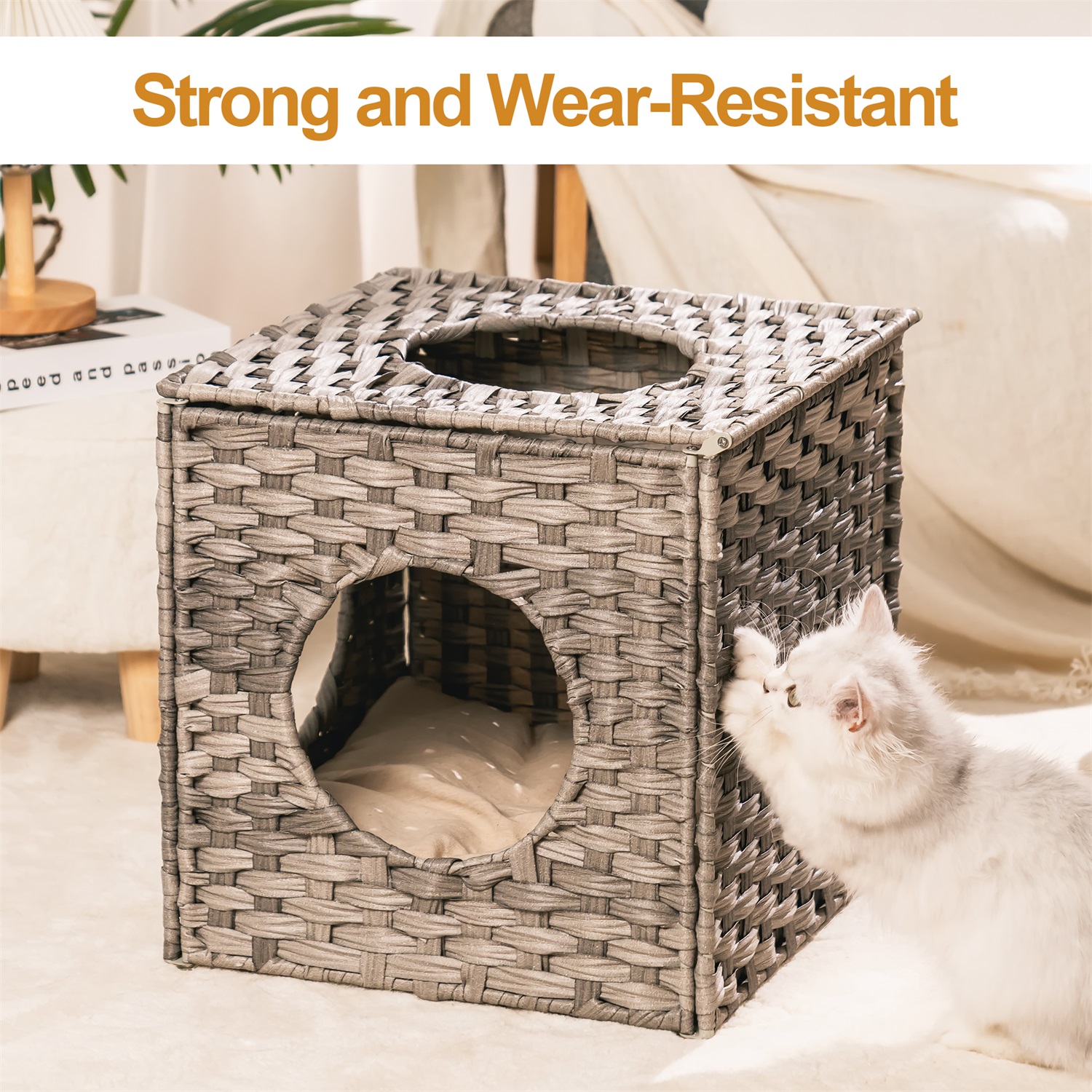 Pefilos 15.7" Rattan Cave Cat Bed, Wicker Kitten House Square Condo with Rattan Ball and Cushion ...