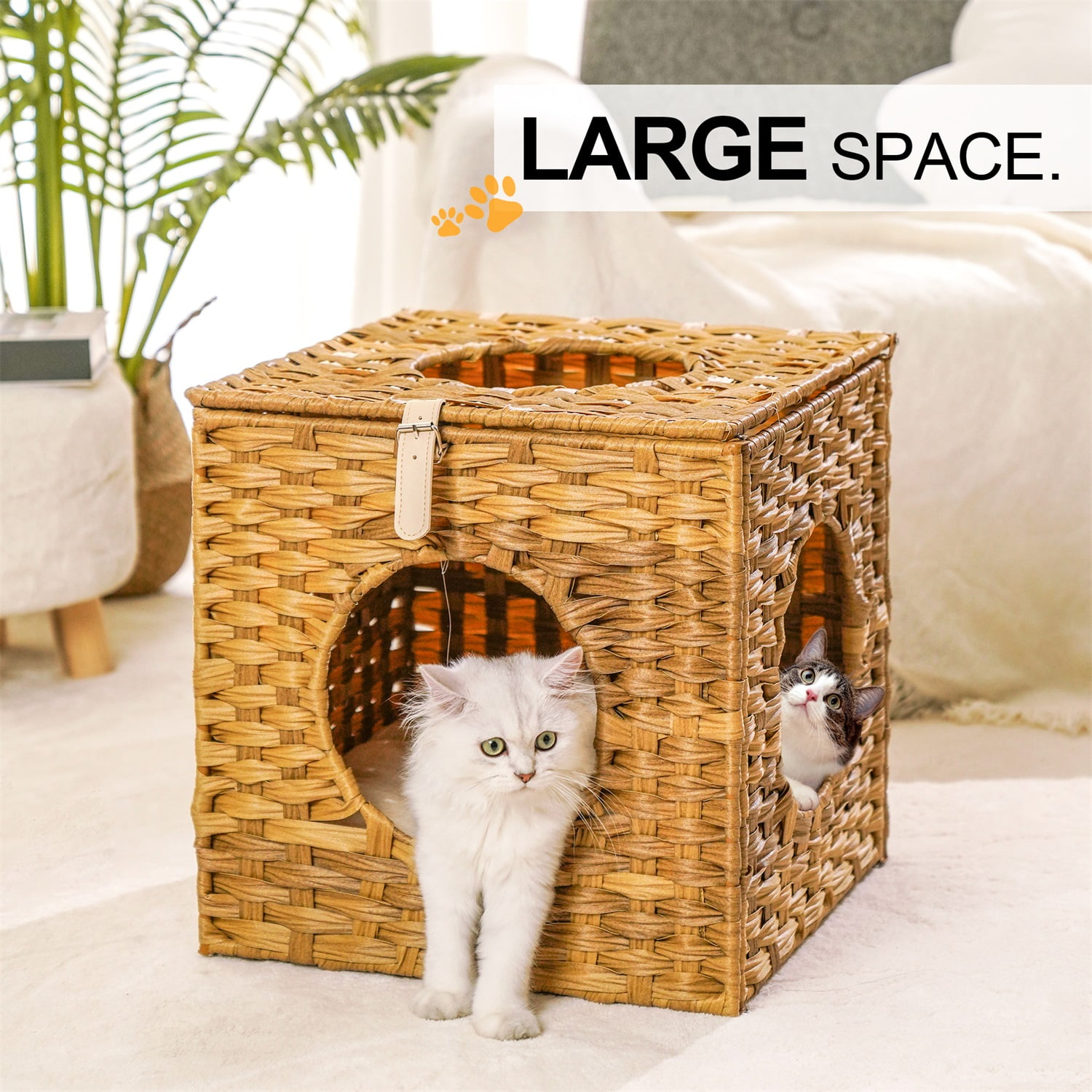 Pefilos 15.7" Square Cat Condo, Wicker Kitten House Rattan Cave Cat Bed ...