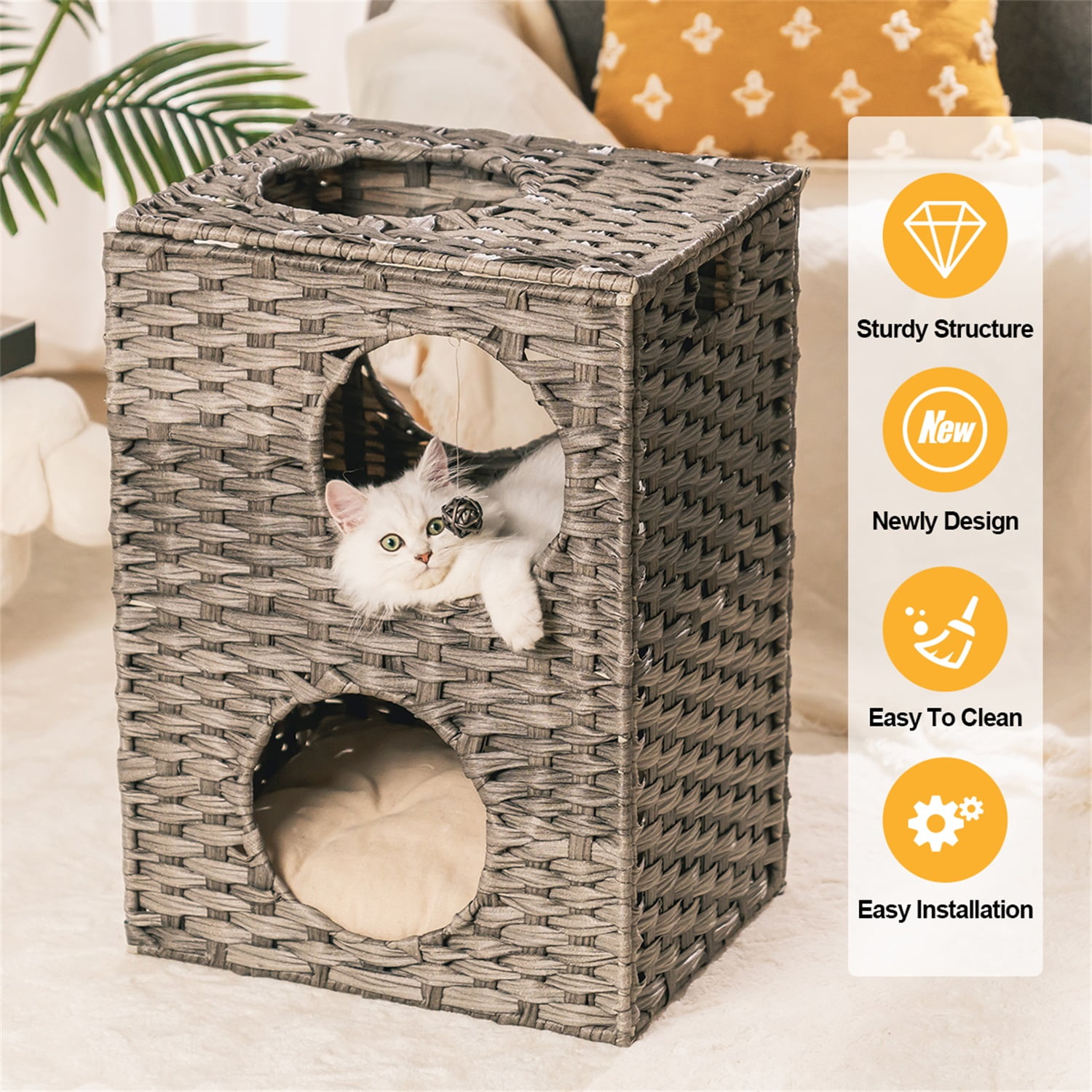 Pefilos 16.9 Inch 2-Tier Square Cat Condo, Wicker Kitten House Rattan Cave Cat Bed with Rattan ...