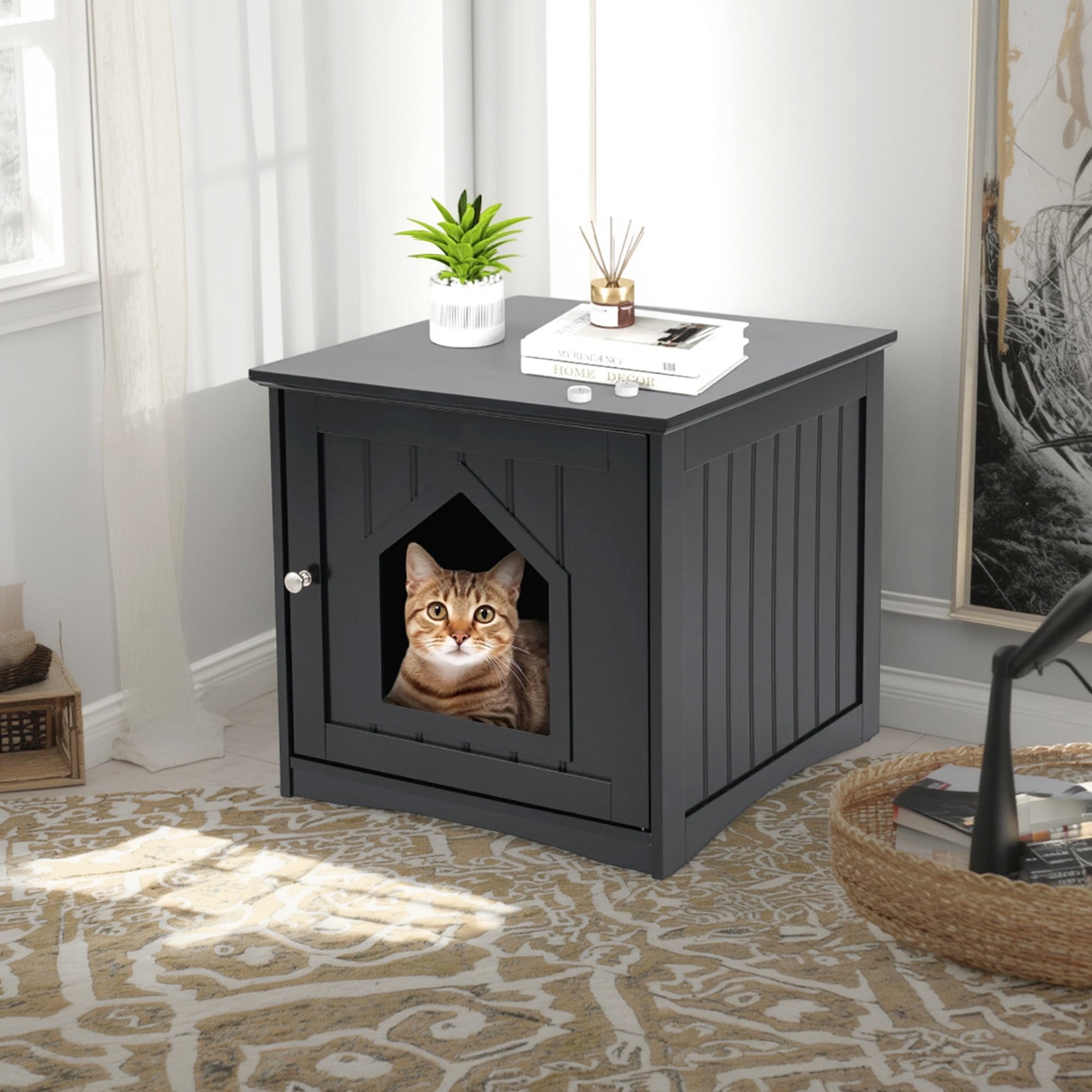 Pefilos Large Kitty Furniture Hide House, Wood Cat Washroom Litter Box ...