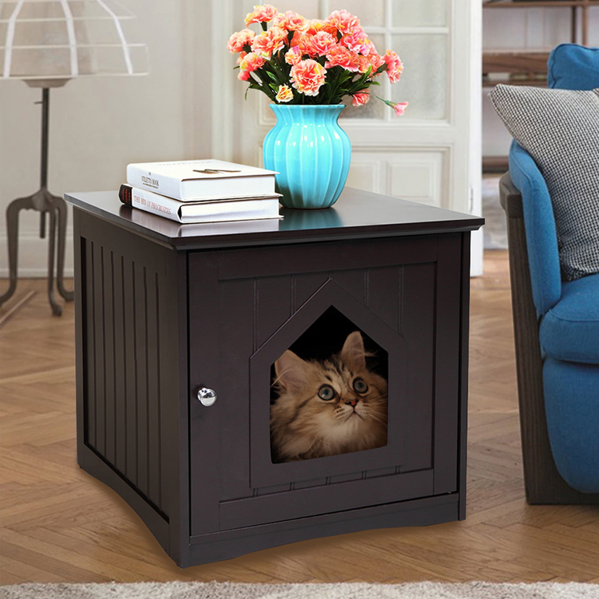 Pefilos Enclosed Wooden End Table Cat House, 20" Indoor Litter Box ...