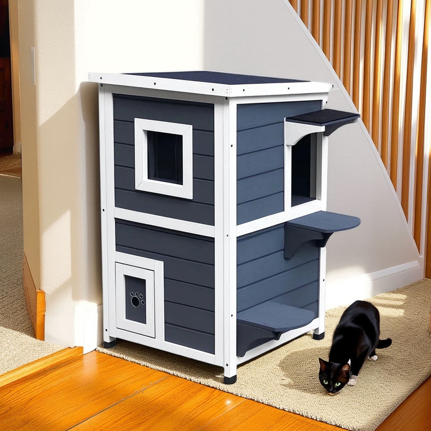 Pefilos 32" Outdoor Wooden Cat House with Escape Door, Opening Roof ...
