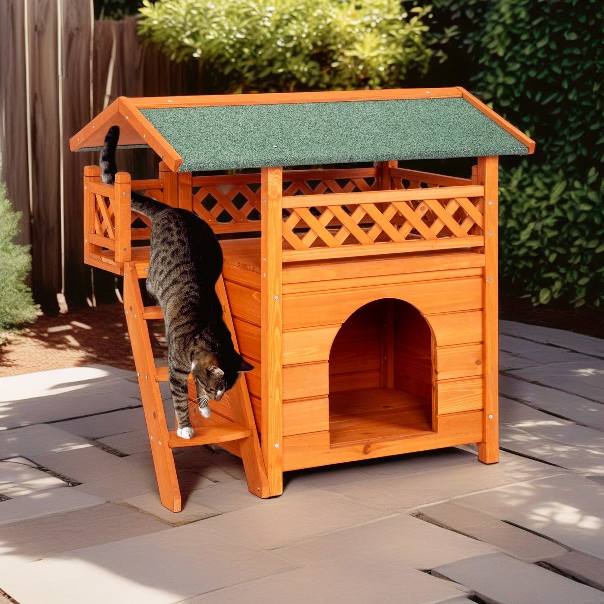 Pefilos 30" Outdoor Cat House with Door, Stairs and Weatherproof Roof ...