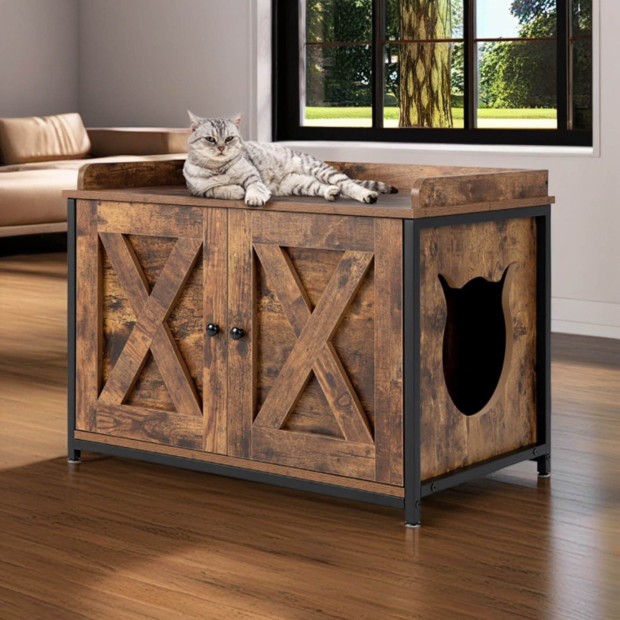 Pefilos 31" Hidden Cat Litter Box Enclosure Furniture, Double Doors ...