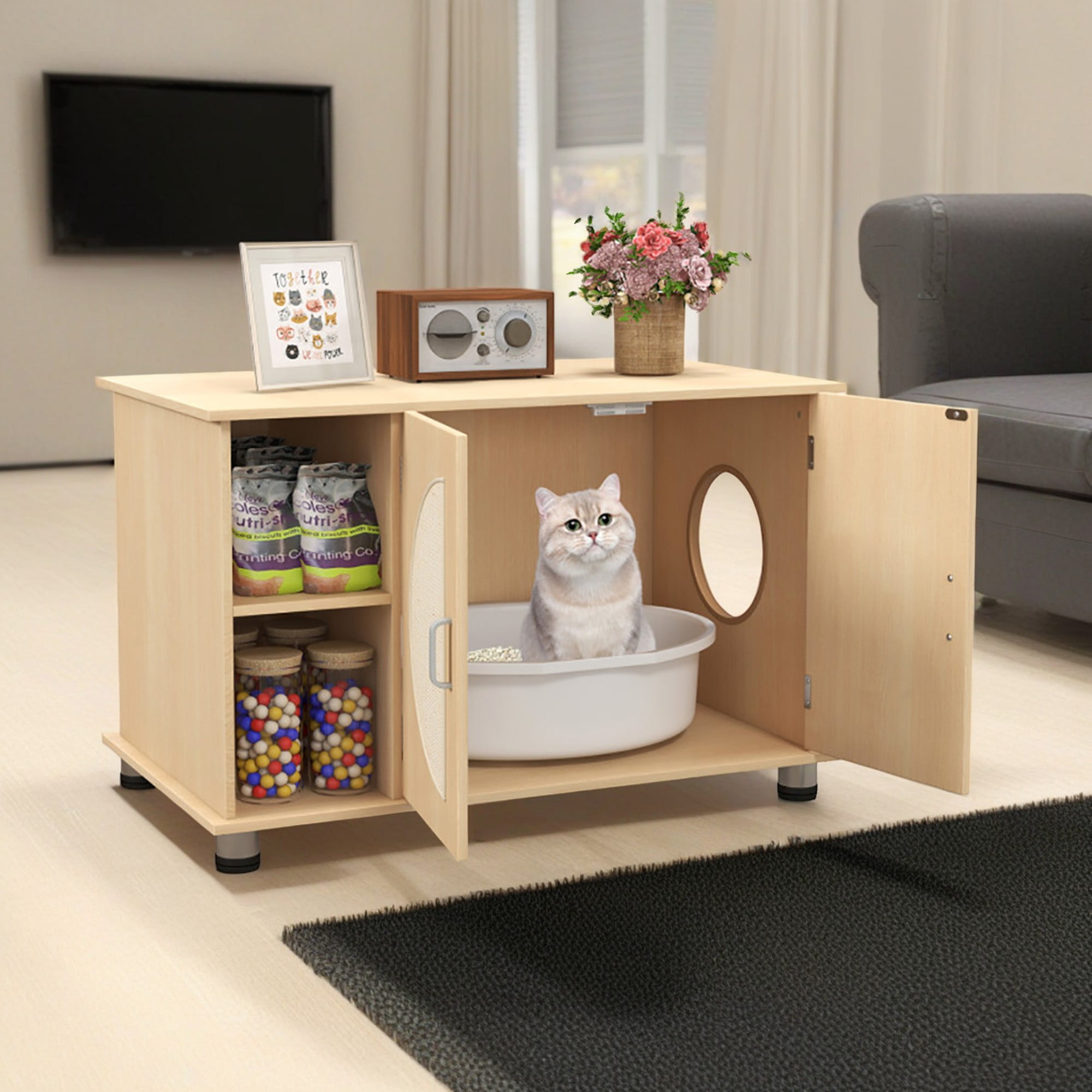 Pefilos Large 32 Wood Cat House Litter Box Cabinet With Sisal