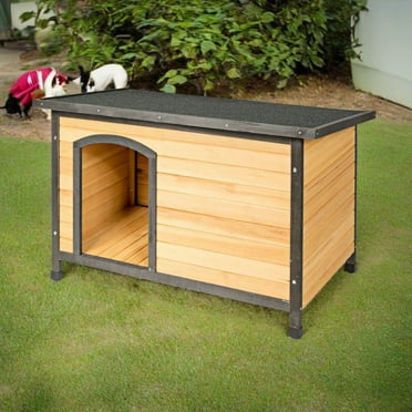 PawHut Outdoor Dog House Cabin Style, Wooden Raised Pet Kennel with ...