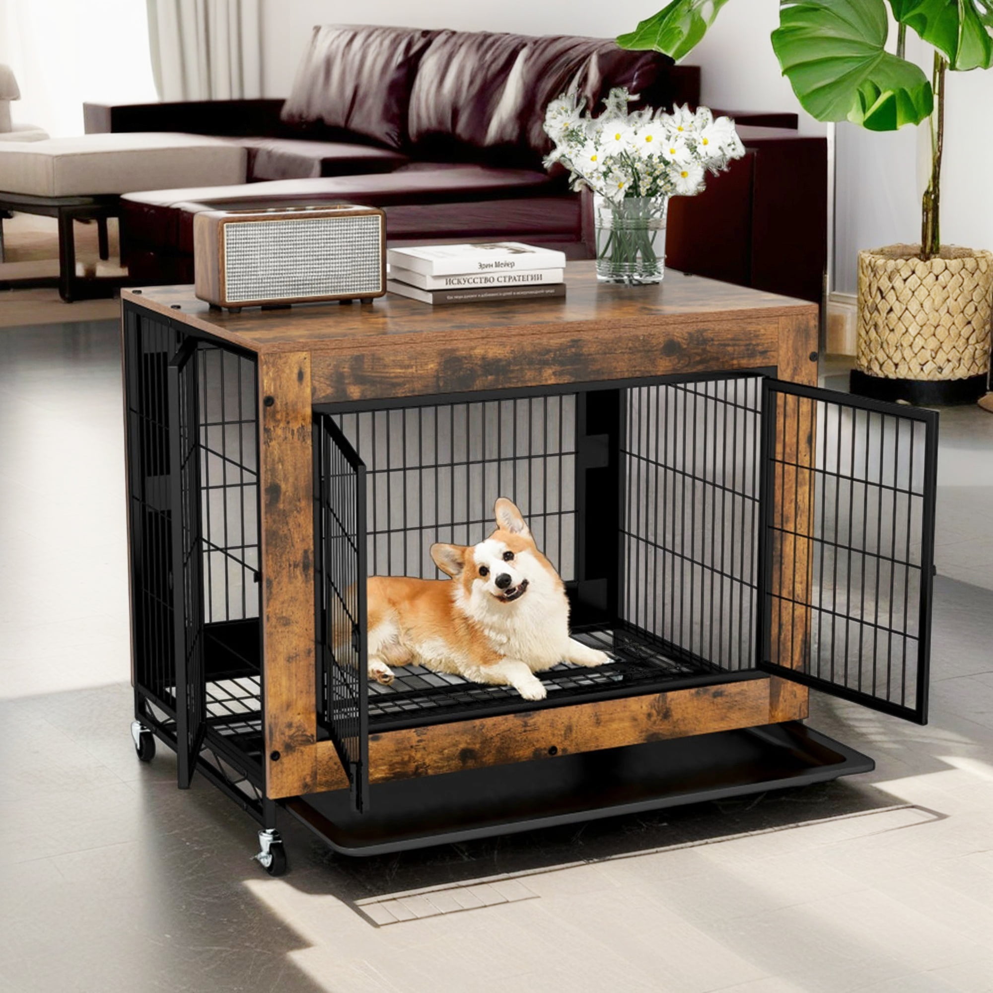 Pefilos 35" Dog Crate Rustic Style Furniture Dog Cage Crate with Double ...