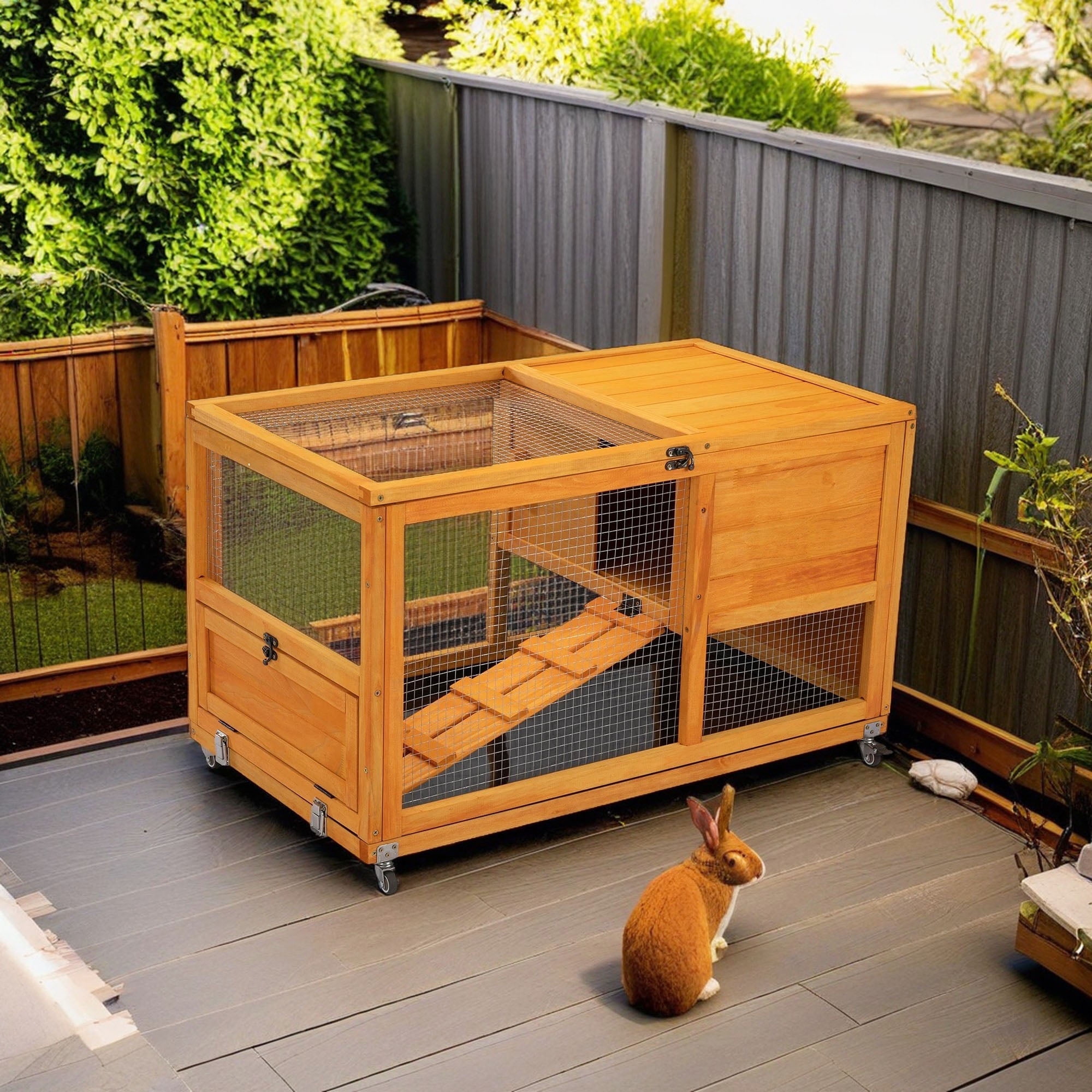 Pefilos 35" Outdoor Rabbit Hutch with Run, 1 Door Bunny House Wood ...
