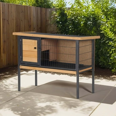 PawHut Indoor Large Wooden Rabbit Hutch with Wheels, Ramp, Removable Tray, Ideal for Guinea Pigs ...