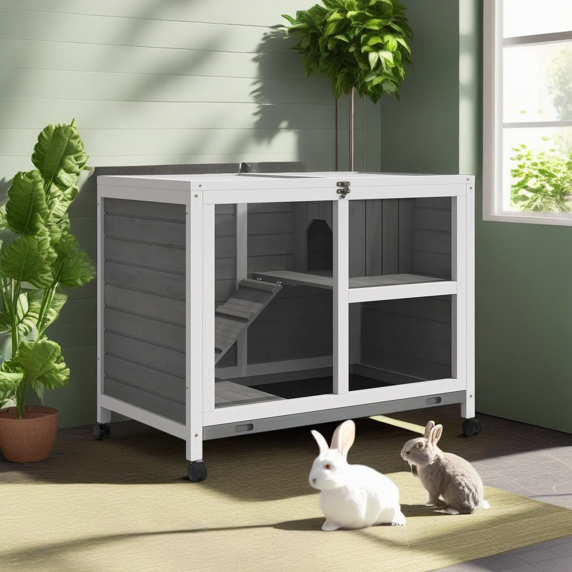 Pefilos 36" Indoor Rabbit Hutch with Wheels, Removable Tray and ...