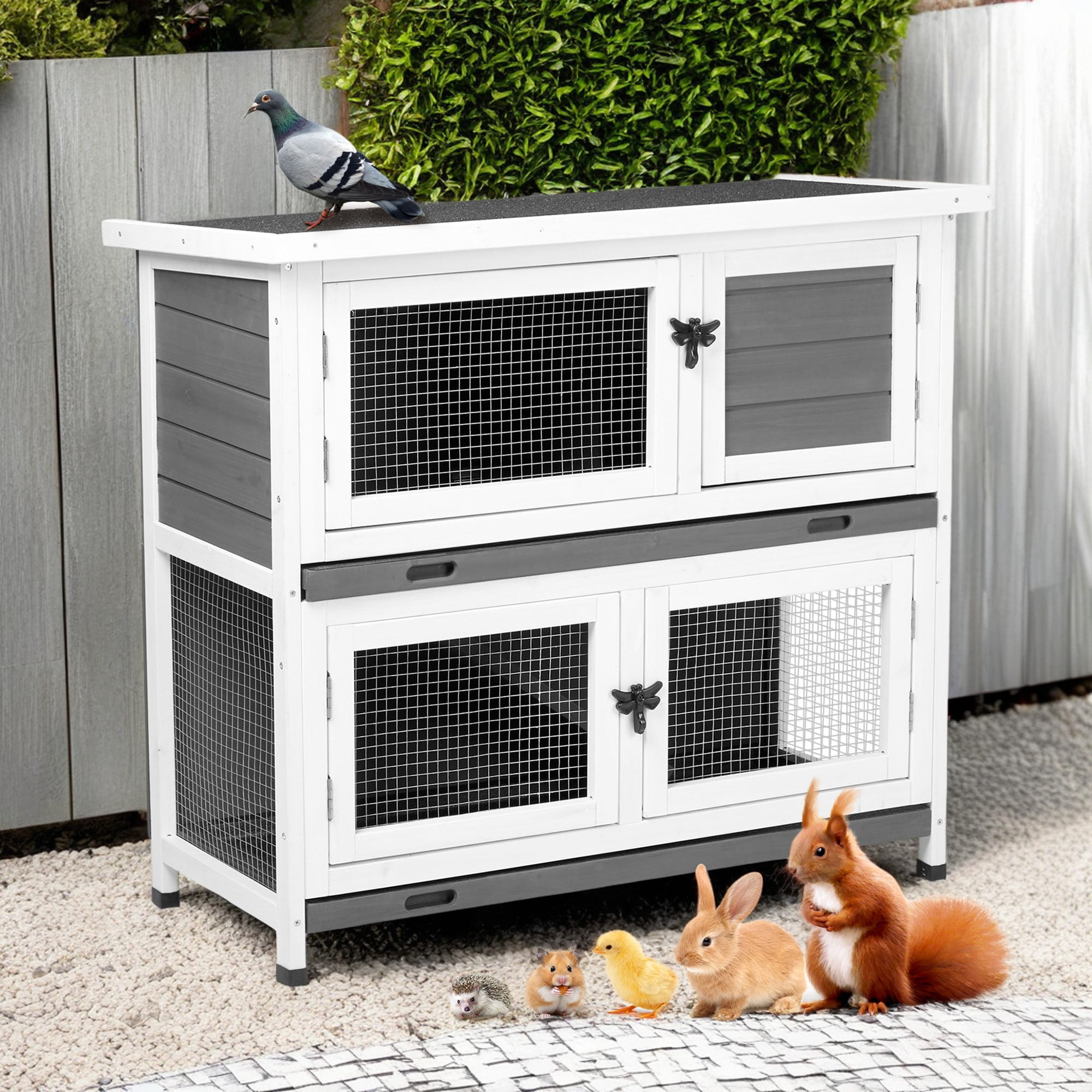Pefilos 36" Solid Wooden Rabbit Cages with Easy Tray Wheels 2-Layer ...