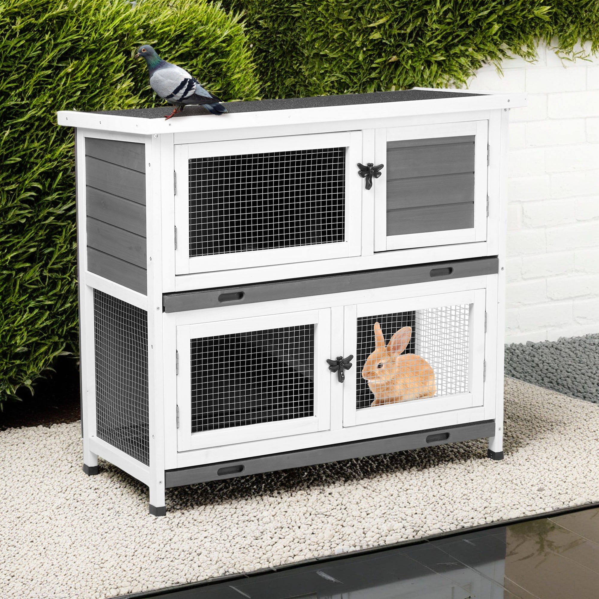 Pefilos 36" Solid Wooden Rabbit Hutches with Easy Clear Tray Wheels 2 ...