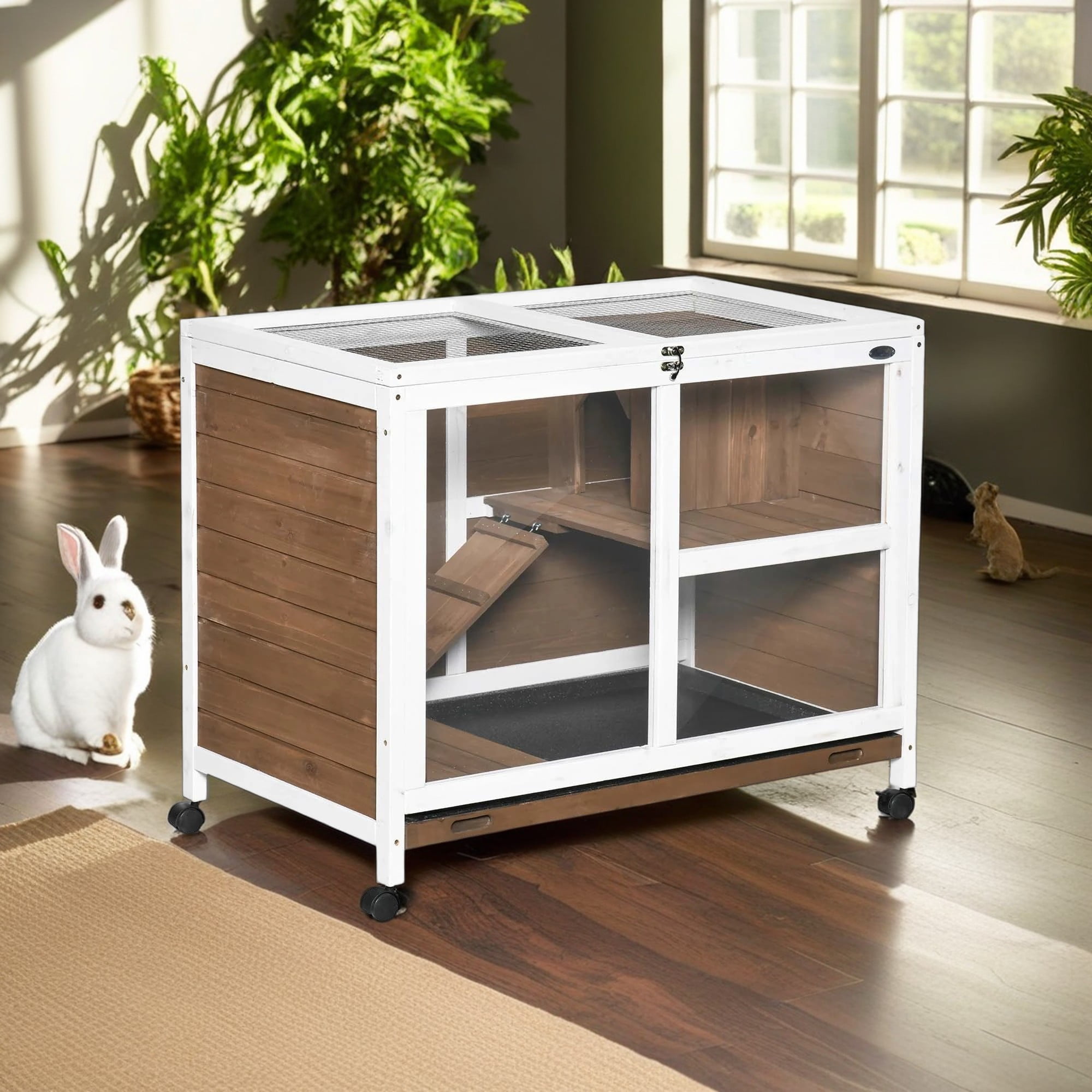 Pefilos 36" Wooden Rabbit Hutch with Run, Wheels, Removable Tray and ...