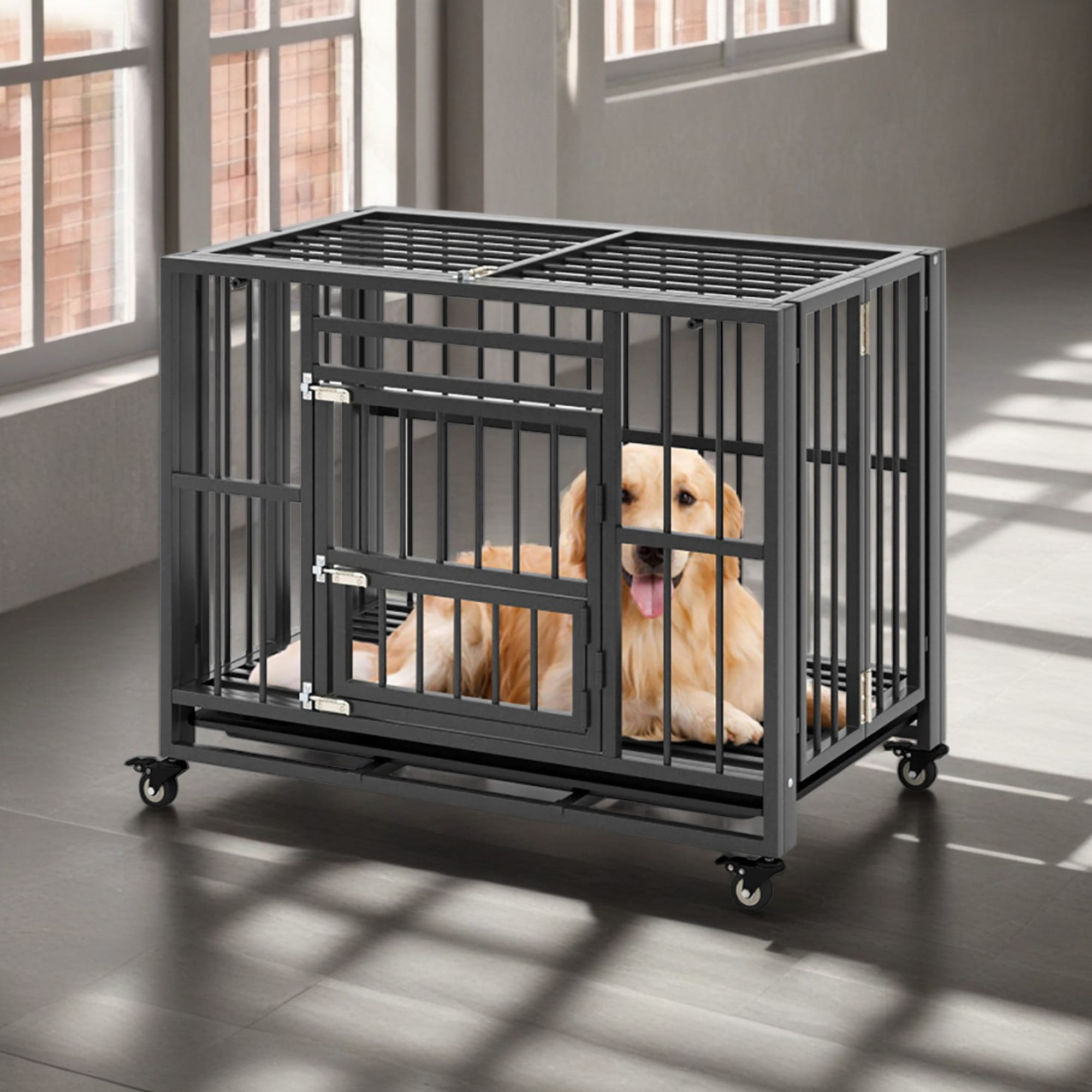 Pefilos 37" Foldable Heavy Duty Dog Cage, Metal Escape Proof Kennel ...