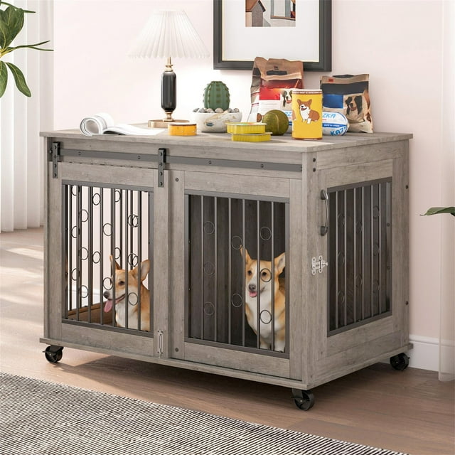 Pefilos 39" Dog Crate for Medium Dogs Sliding Door Wooden Dog Cage with ...
