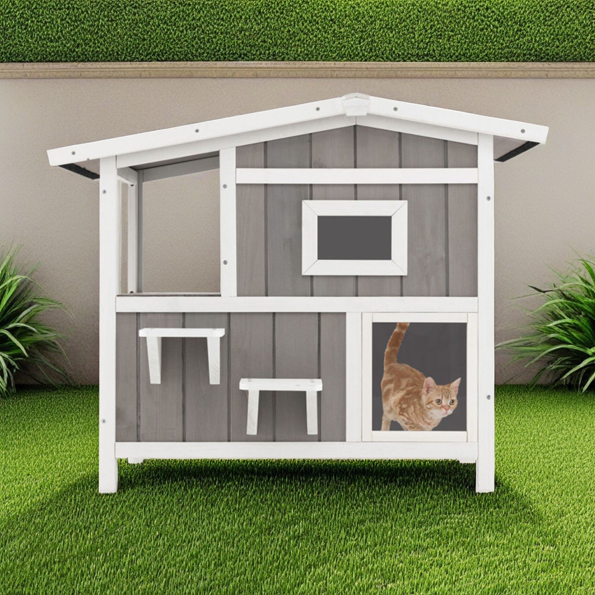 Pefilos 39" Outdoor 2-Story Cat House, Feral Cat Shelter with Escape ...