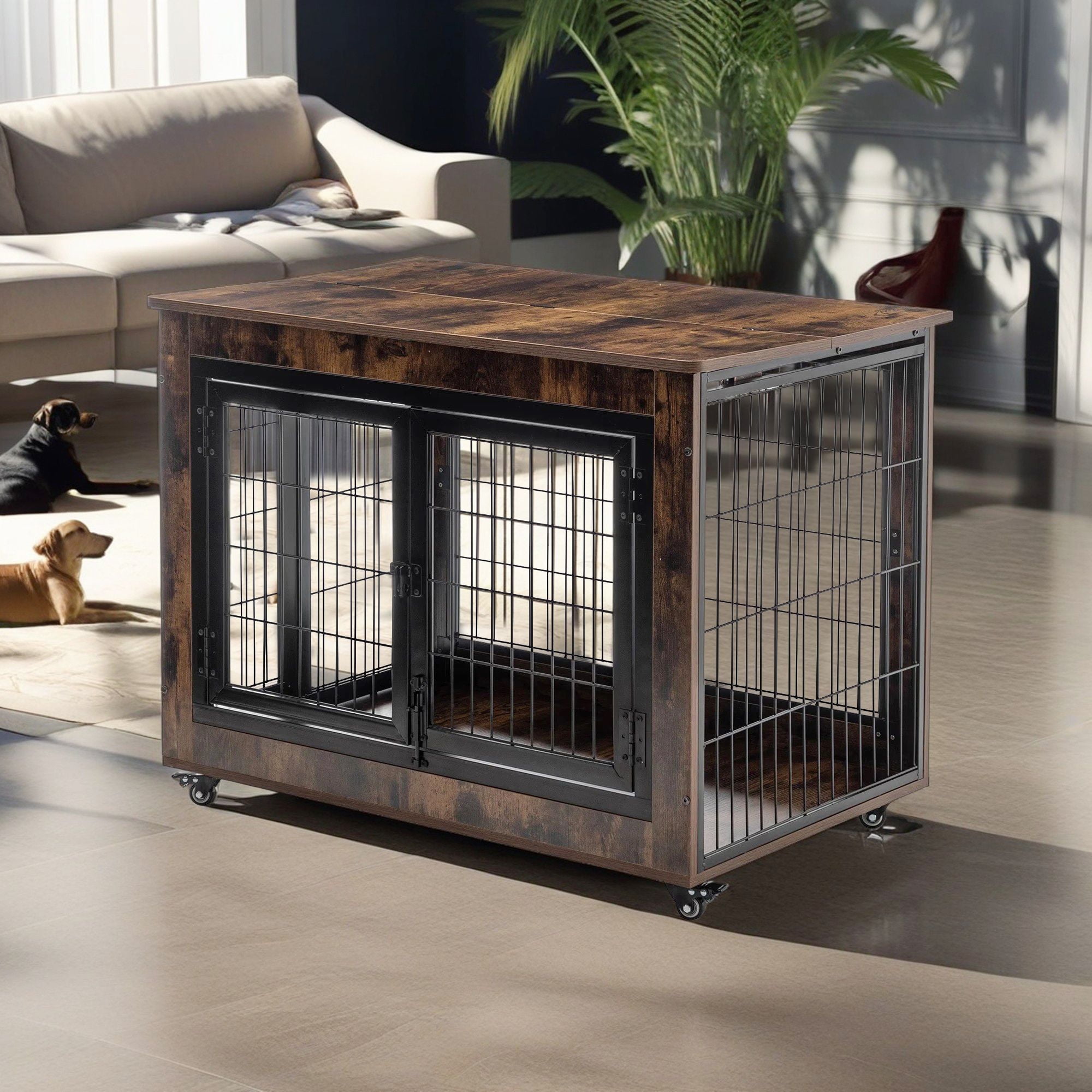 Pefilos 38" Double Door Dog Crate for Indoor Dogs, Wood Dog Cage ...