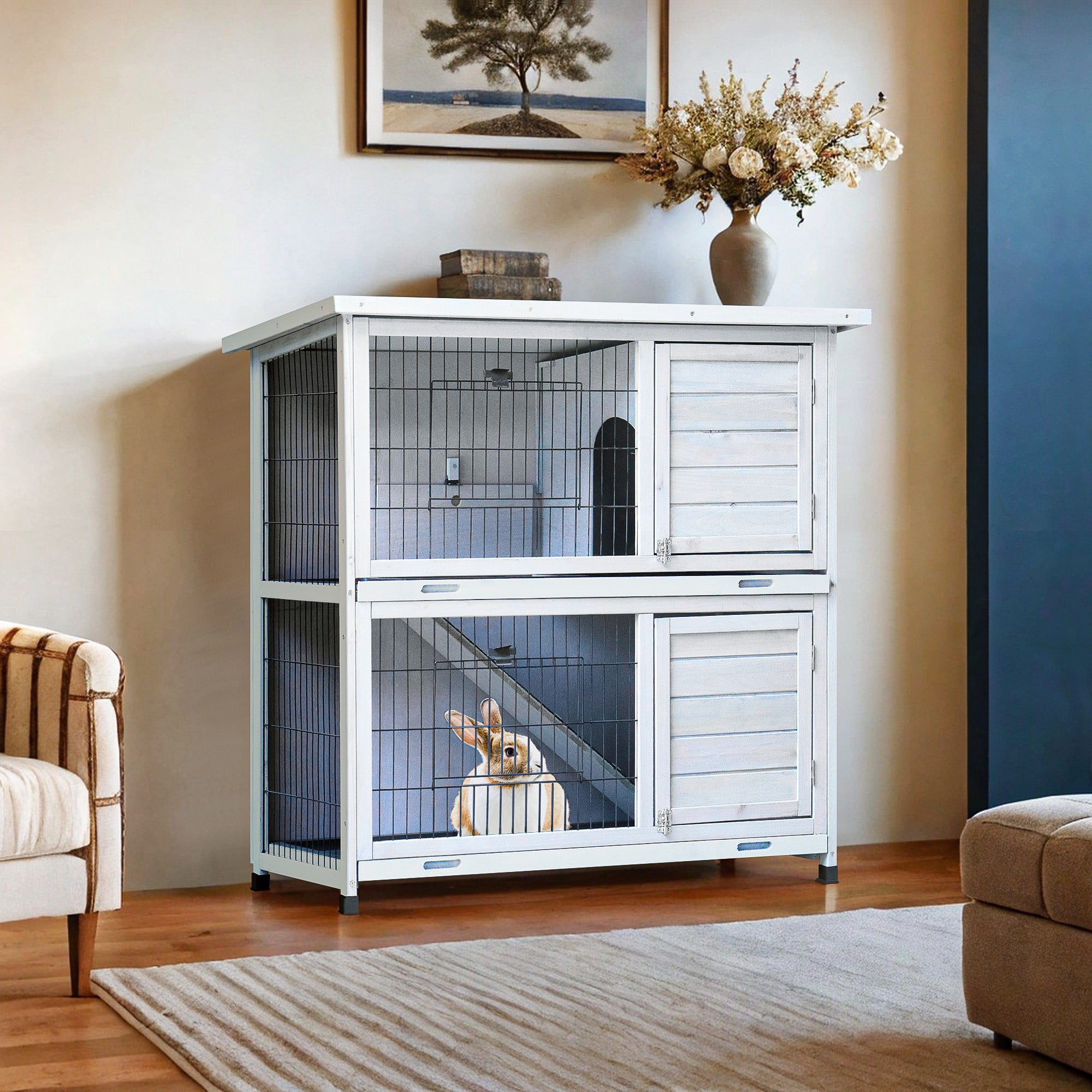 Pefilos 41" Double Floor Rabbit Hutch, Indoor/Outdoor Wooden Bunny ...