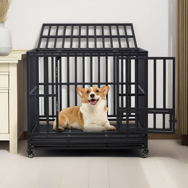 Pefilos 42" Heavy Duty Indestructible Dog Crate with Wheels, High ...