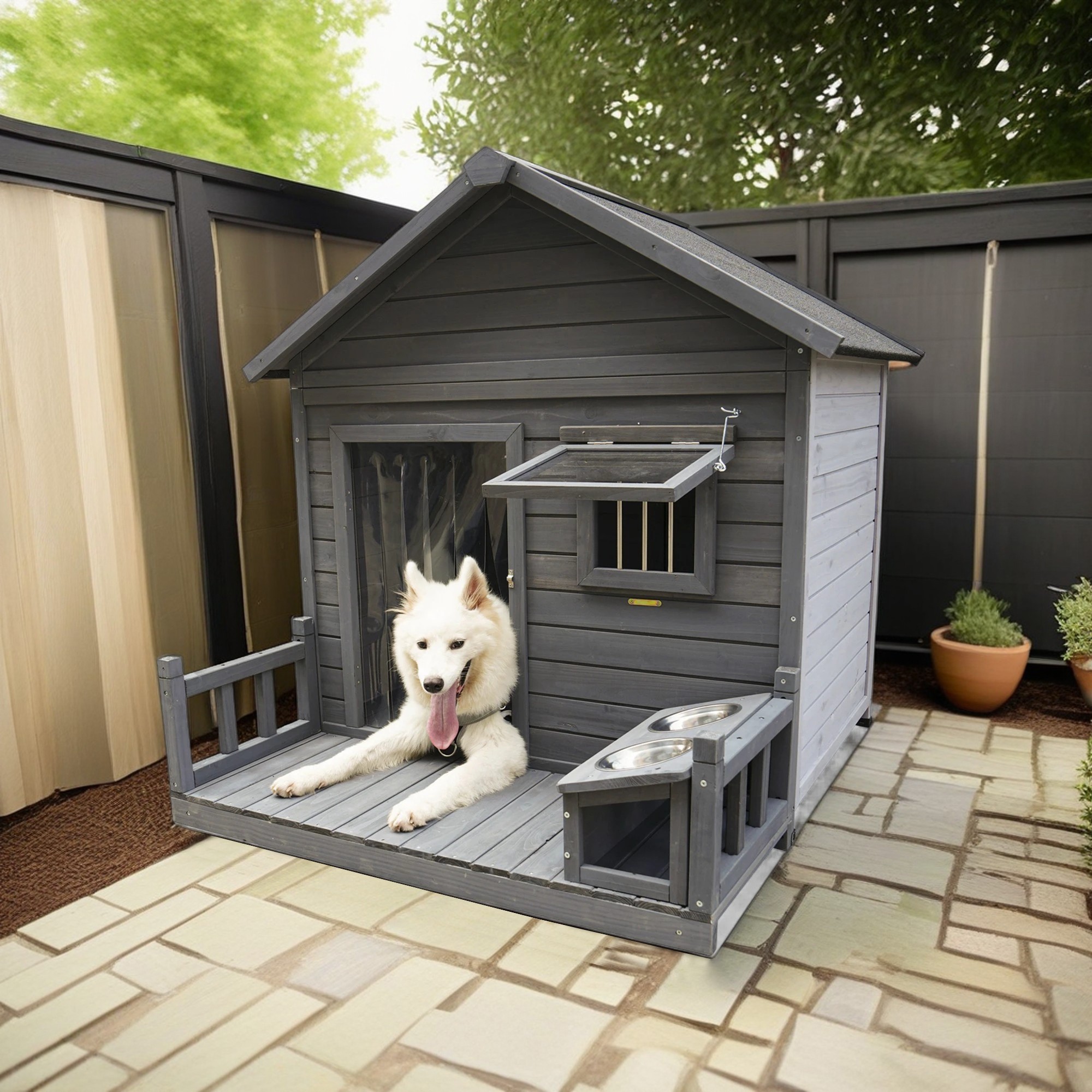 Pefilos 44" Wooden Dog House Outdoor Large Dog Kennel Weatherproof with Two Metal Bowls, Terrace ...