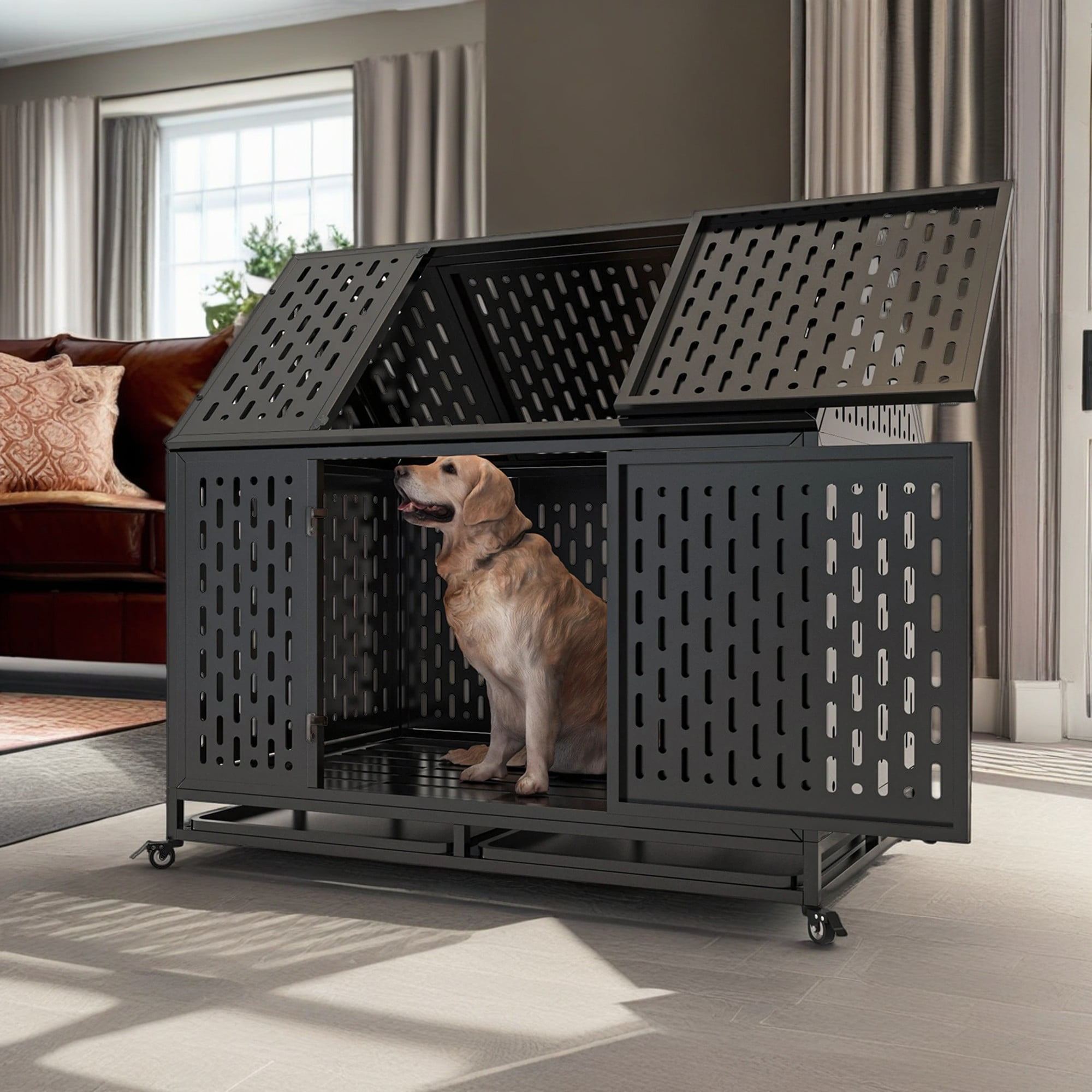 Pefilos 45" Heavy Duty Metal Dog Crate with 4 Universal Wheels, Dog ...