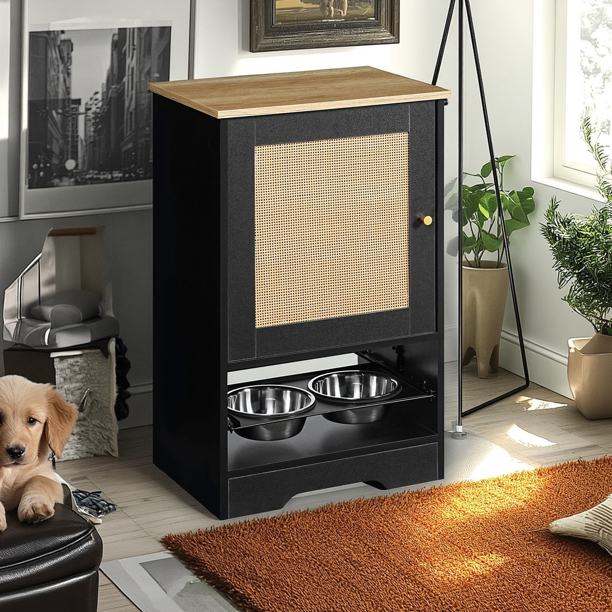 Pefilos 32" Dog Food Storage Cabinet, Pet Feeding Station Furniture ...