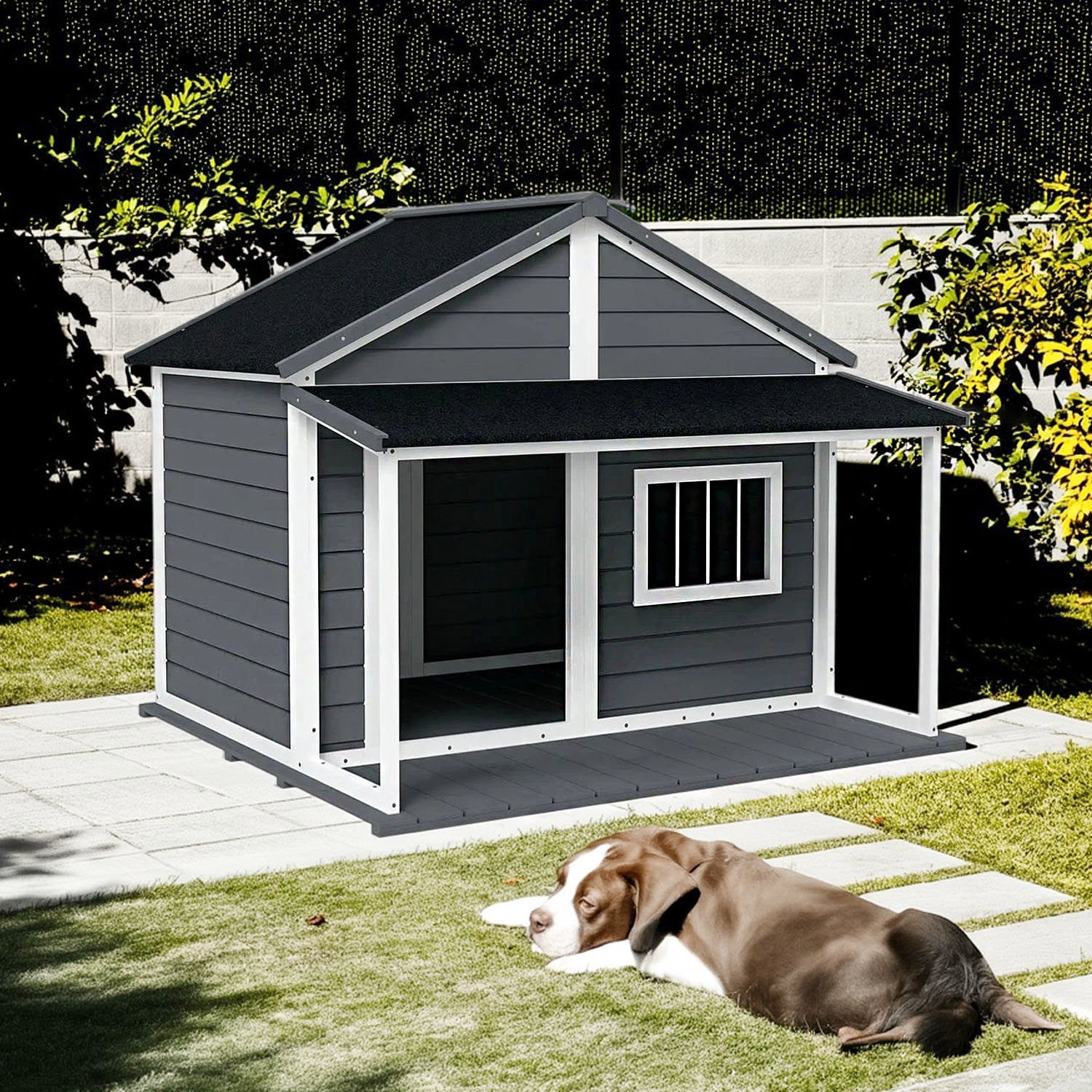 Pefilos 48" Outdoor Wood Dog House with Porch, Pet Kennel for Medium ...