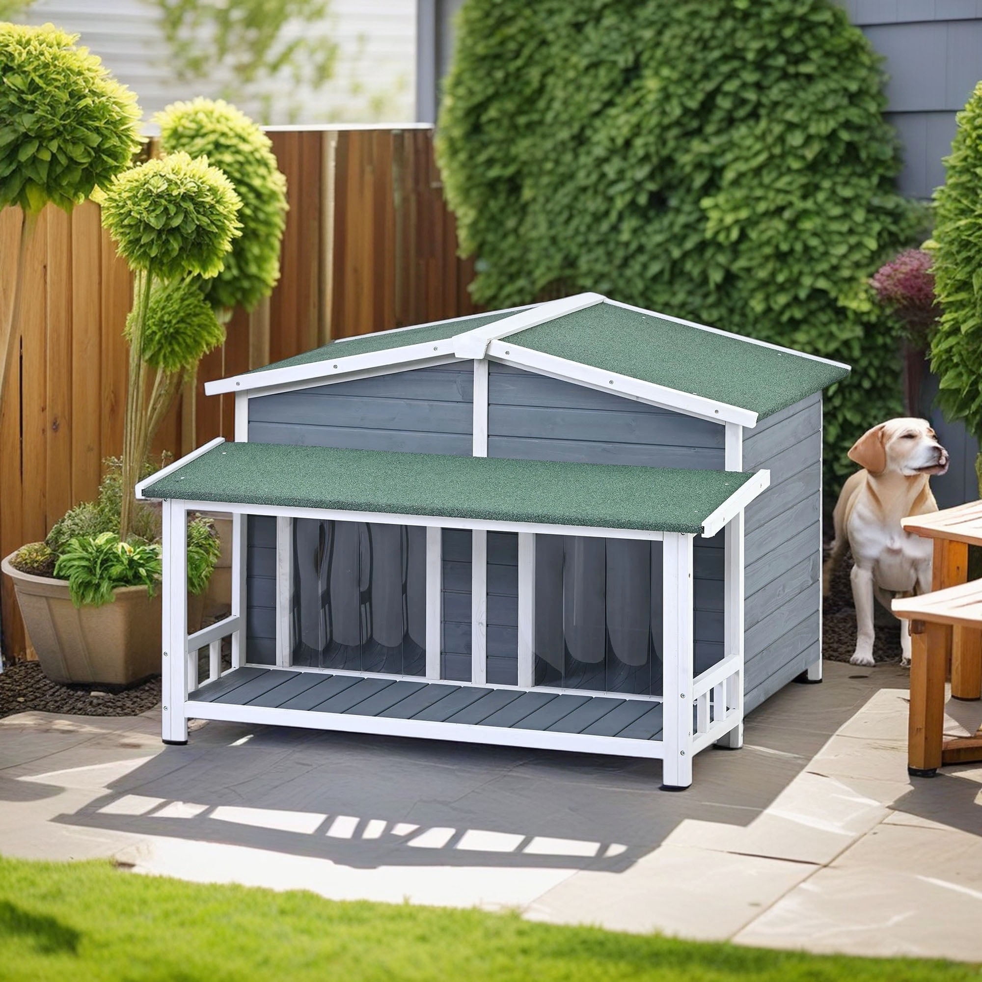 Pefilos 47" Outdoor Wood Dog House with Porch, 2 Doors, Pet Kennel for ...