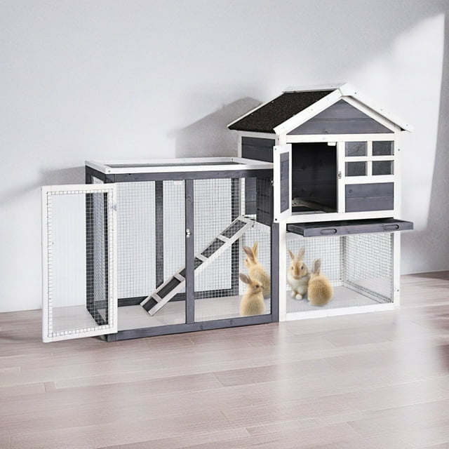 "Pefilos 48"" Wooden 2 Tier Chicken Coops, Rabbit Hutch, Guinea Pig House with Stairs, Gray ...