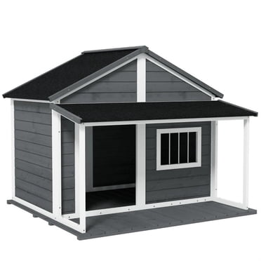 MIDODO Large Dog House Outdoor, Solid Wood Asphalt Roof Dog Kennel with ...